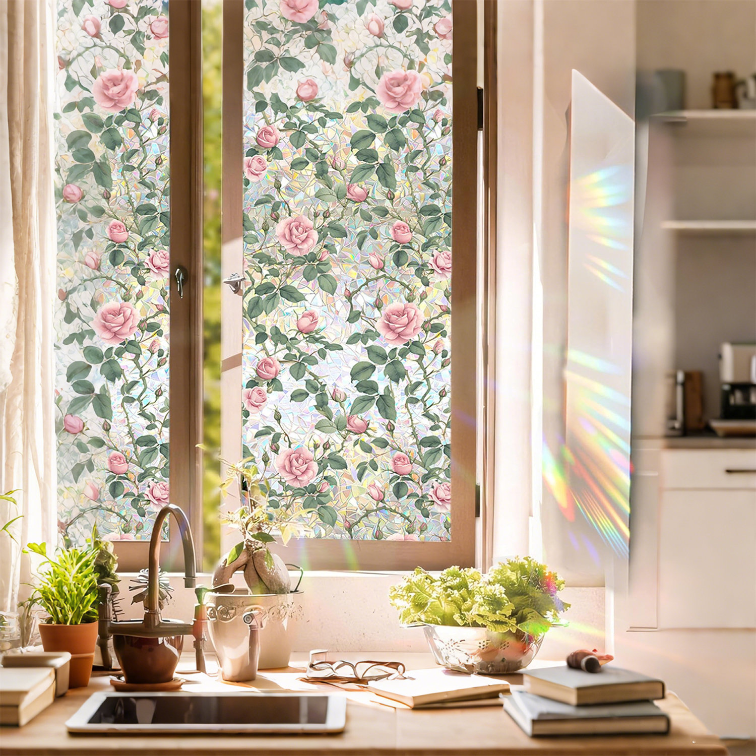 Red Barrel Studio® Flower Window Privacy Faux Stained Glass Stickers ...