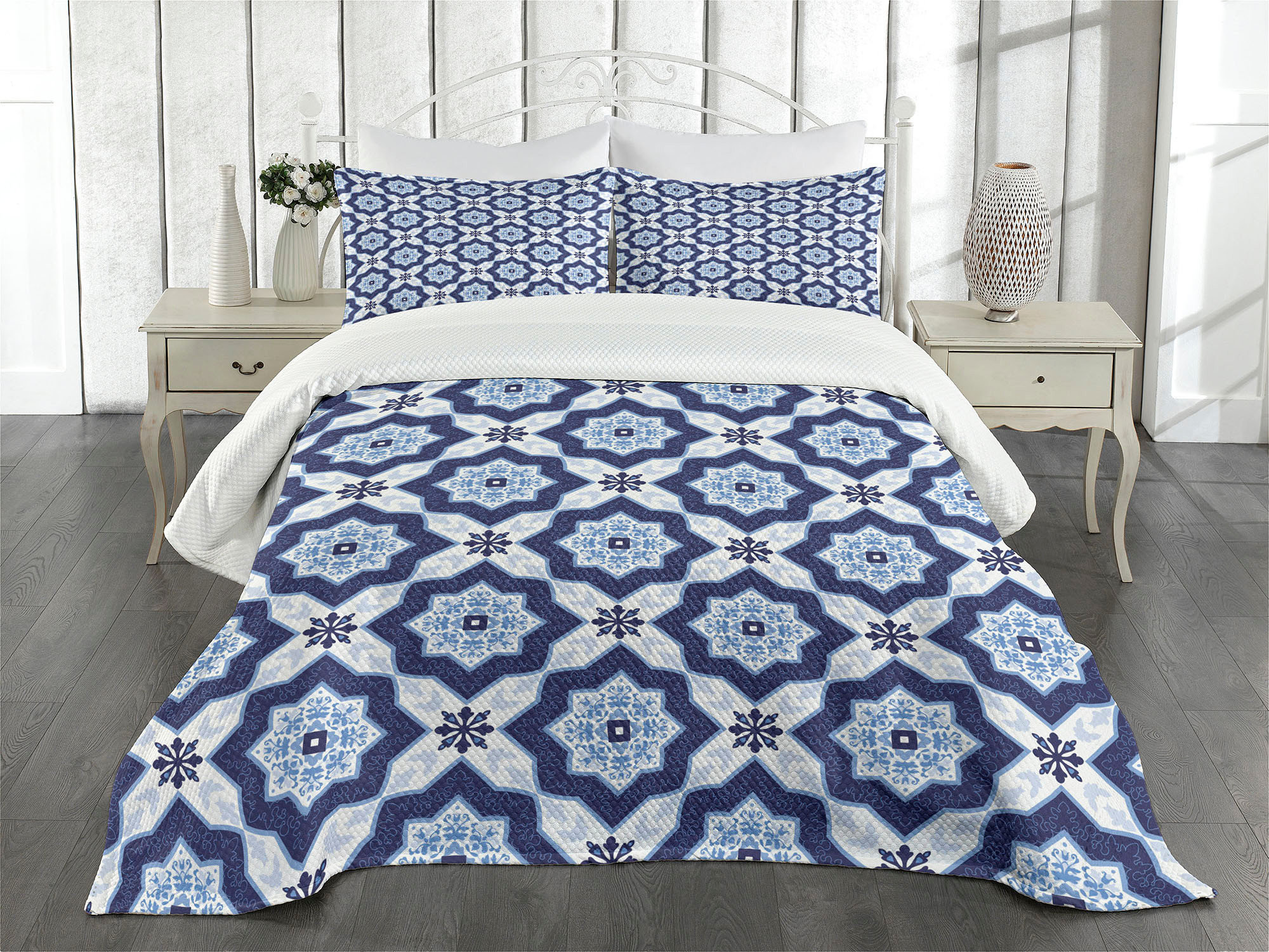 Ambesonne Blue Bedspread Set Portuguese Azulejo Pattern Pale Blue and ...