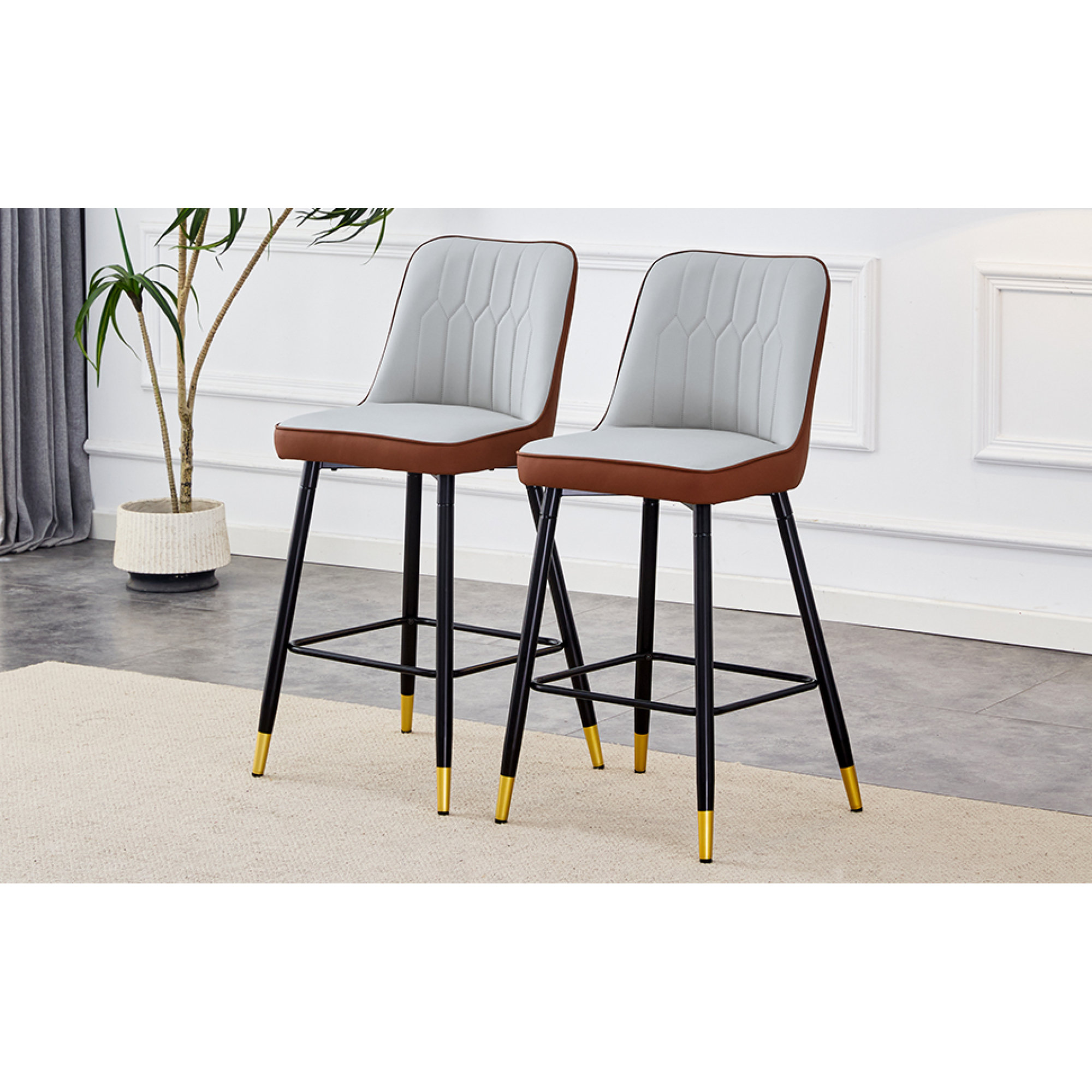 Everly Quinn Set of 2 modern two-tone pu bar stools with brown and ...