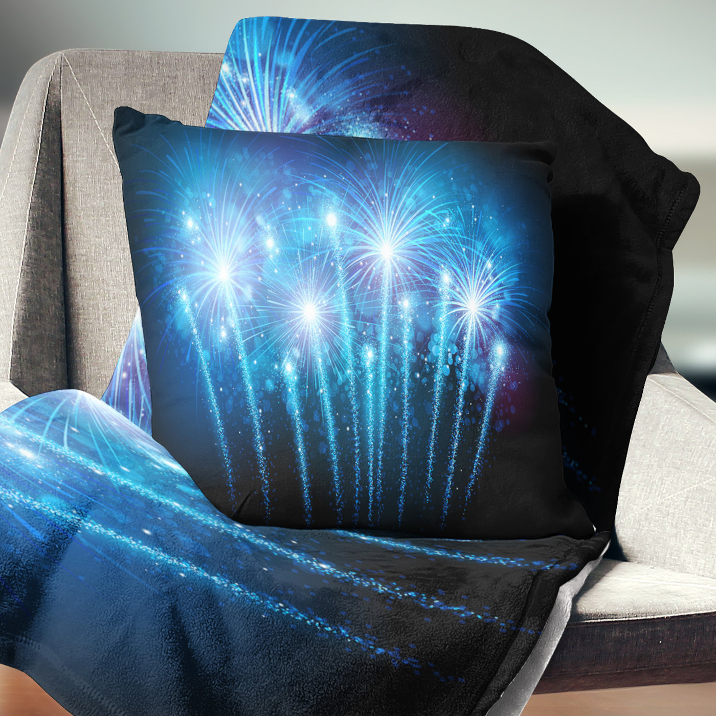 Design Art Blue Fireworks at Night Sky - Landscape Printed Pillow | Wayfair