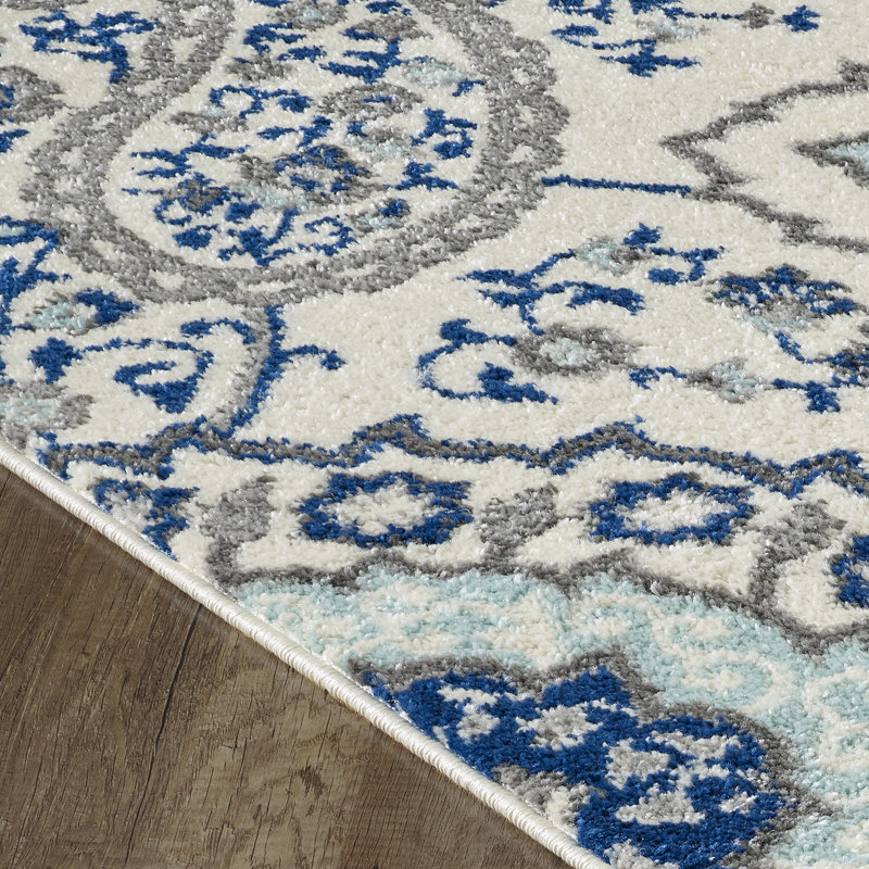 World Menagerie Fancy Performance Cream/Blue Rug & Reviews | Wayfair