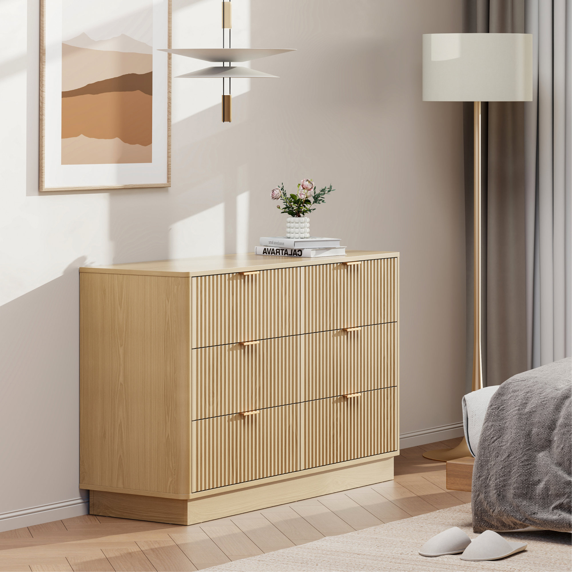 Latitude Run® Elegant Fluted 6 Drawer Dresser, Wood Dressers with Round ...