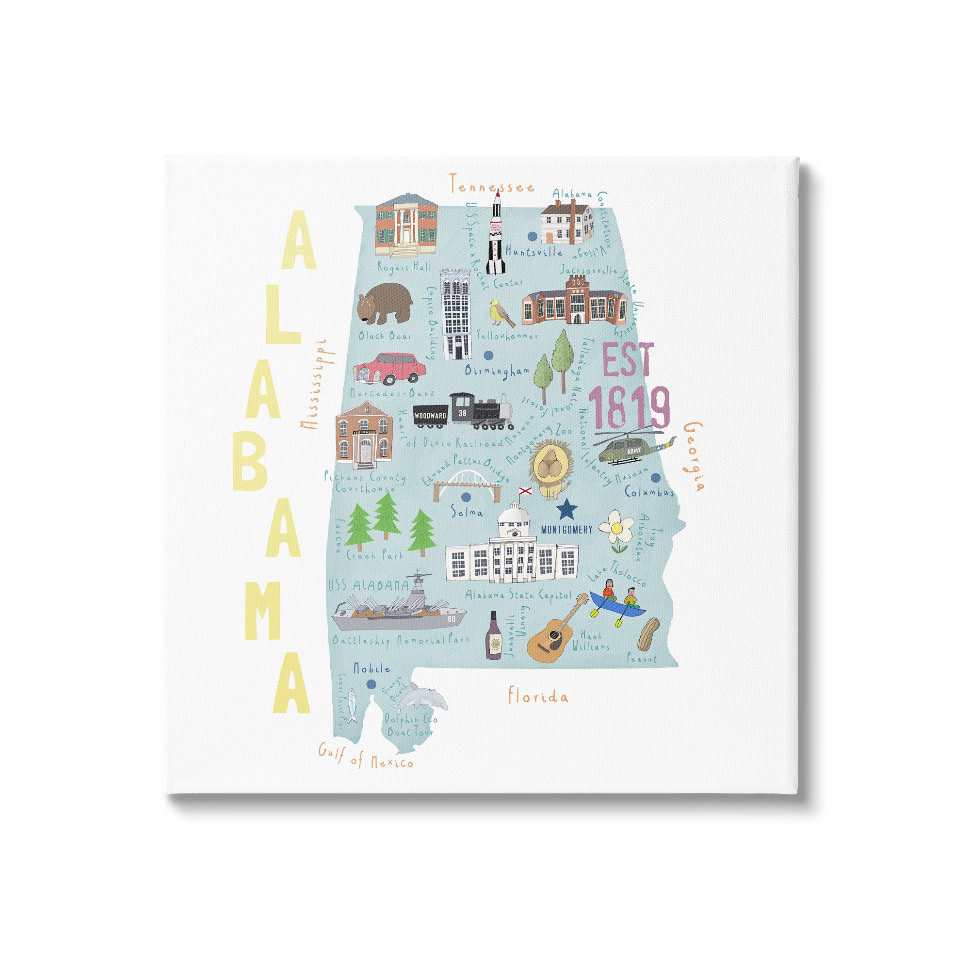 Stupell Industries Au-608-Canvas Alabama Landmark Map USA On Canvas by ...
