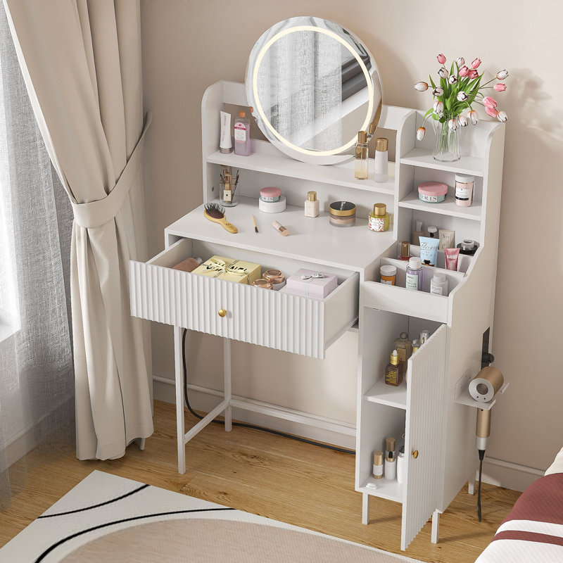 Ivy Bronx Reseta Makeup Vanity Desk with LED Light Mirror, Drawer, USB ...
