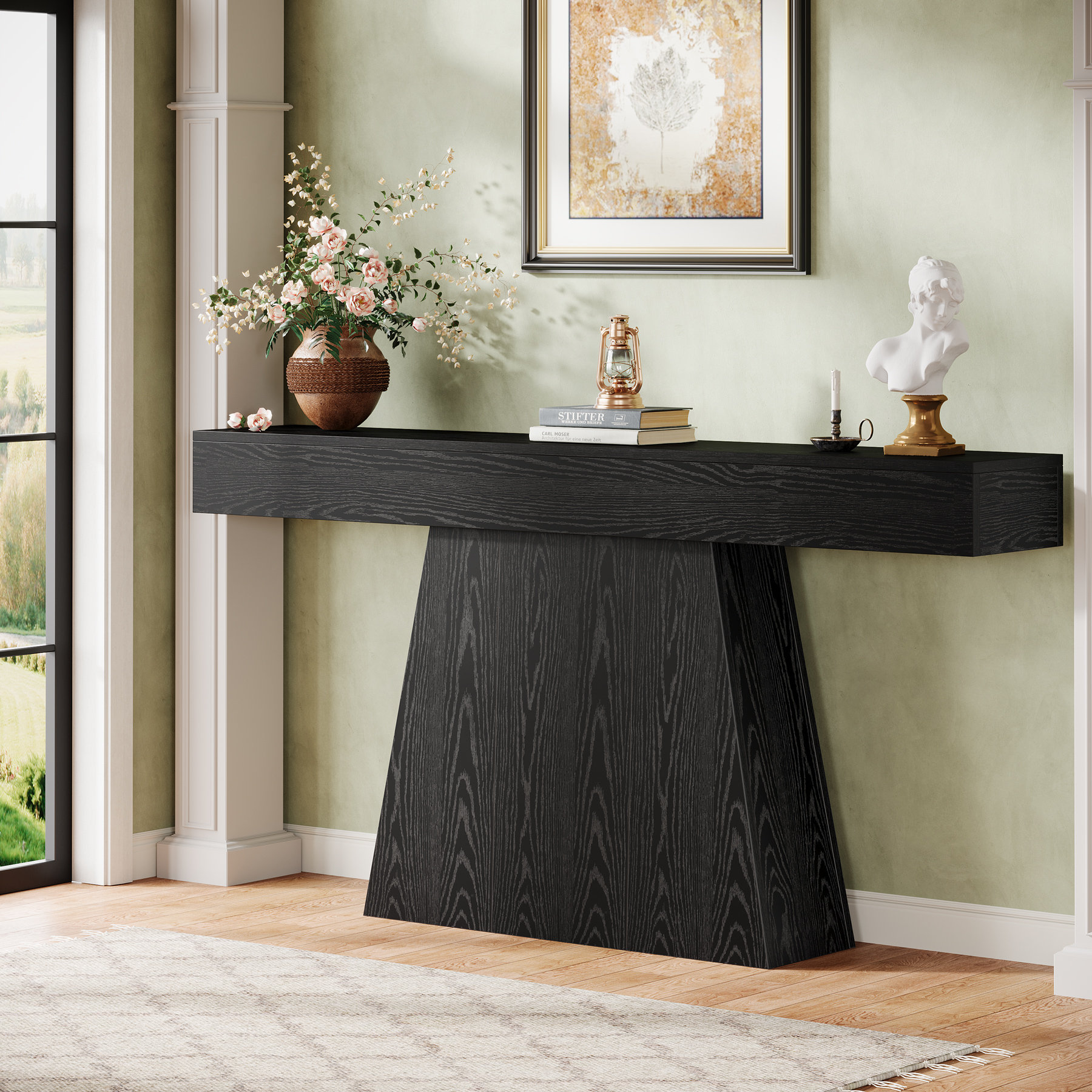 Ebern Designs 63" Console Table, Black Entryway Table with Trapezoidal ...