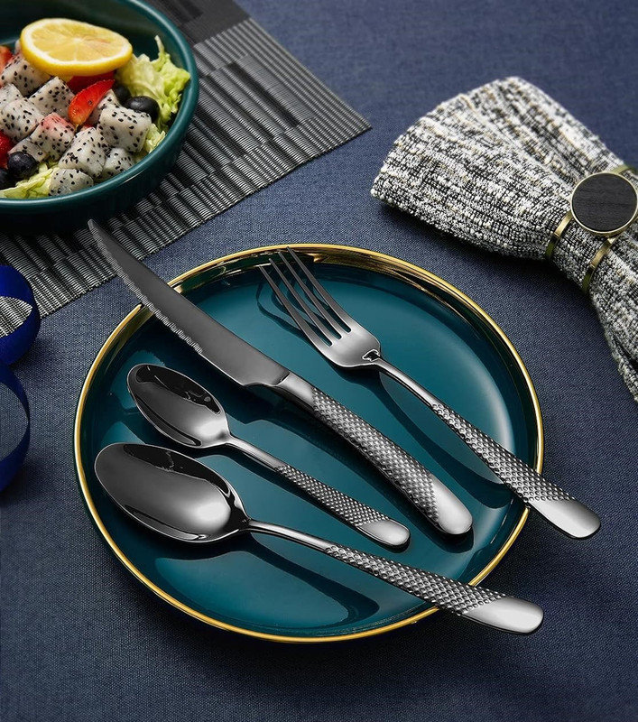 Orren Ellis 16-Piece ?Modern Black Hammered Silverware Set | Wayfair
