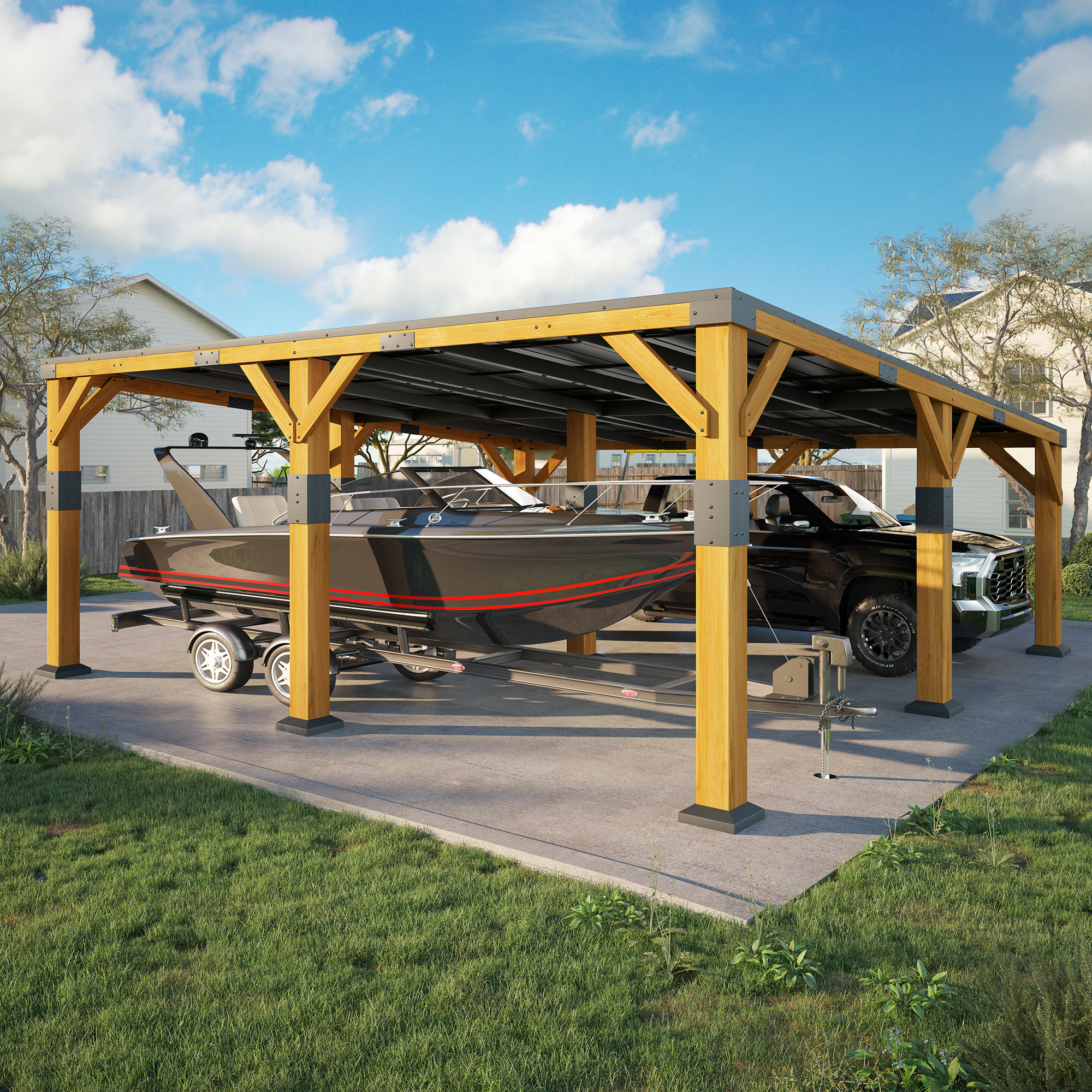 AMERLIFE Abri d'auto en bois de cèdre avec toit en acier galvanisé ...