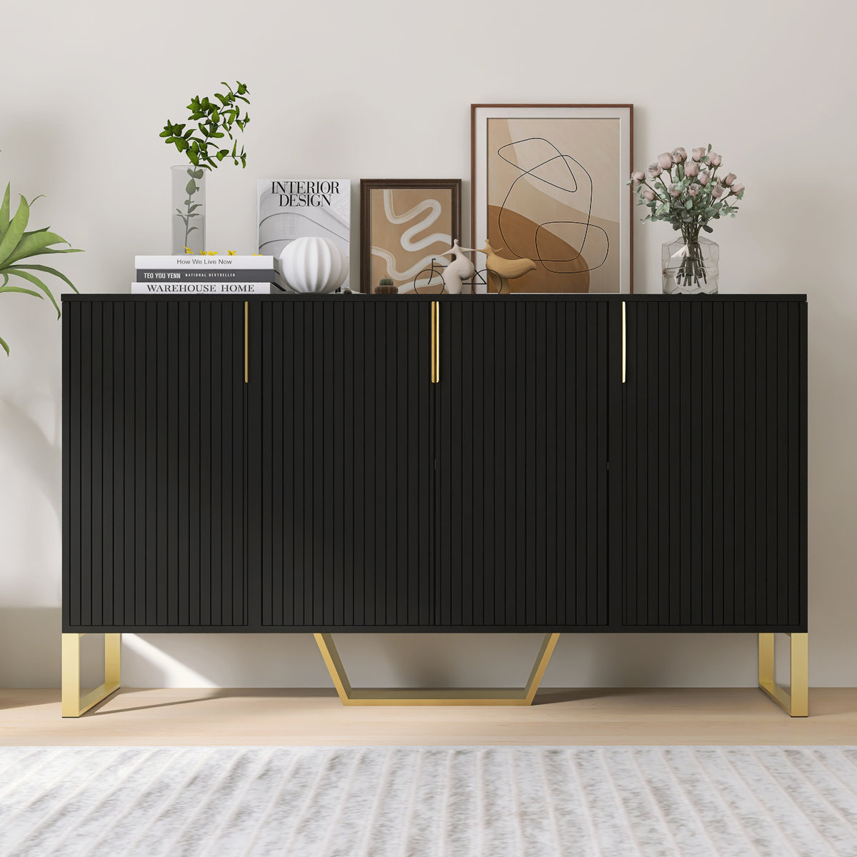 Mercer41 Rish Modern Sideboard With Four Doors, Metal Handles, Legs And ...