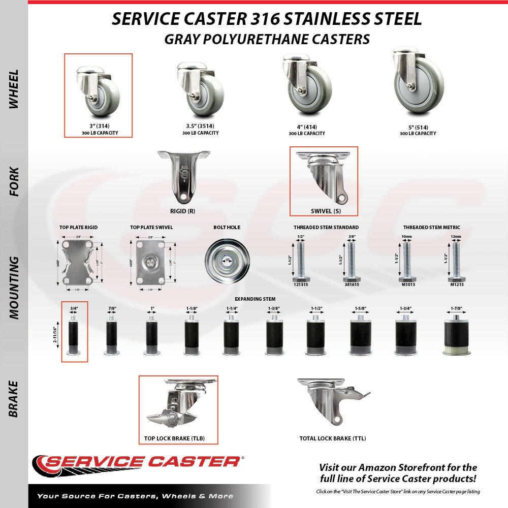 Service Caster Poly Swivel Expanding Stem Caster Set with 2 Lock Brake ...