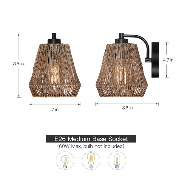 True Fine 7"h 1-light Bohemian Jute Rope Wall Sconce Light With Black ...