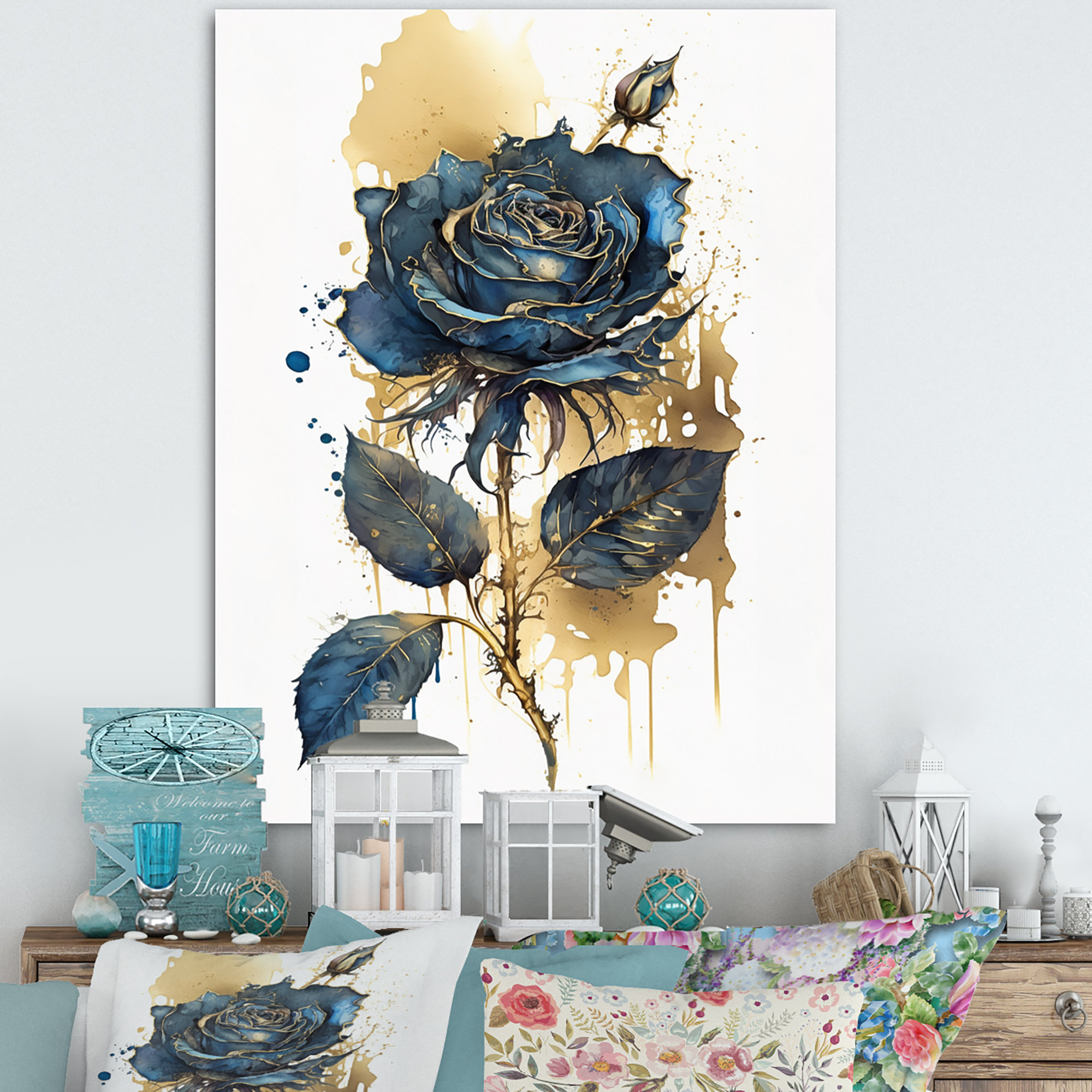 House of Hampton® Blue and Gold Painted Rose on White II - Print on ...