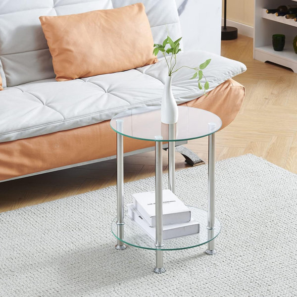 Brayden Studio Glass Round Sofa Table Side Table with Storage Shelf ...