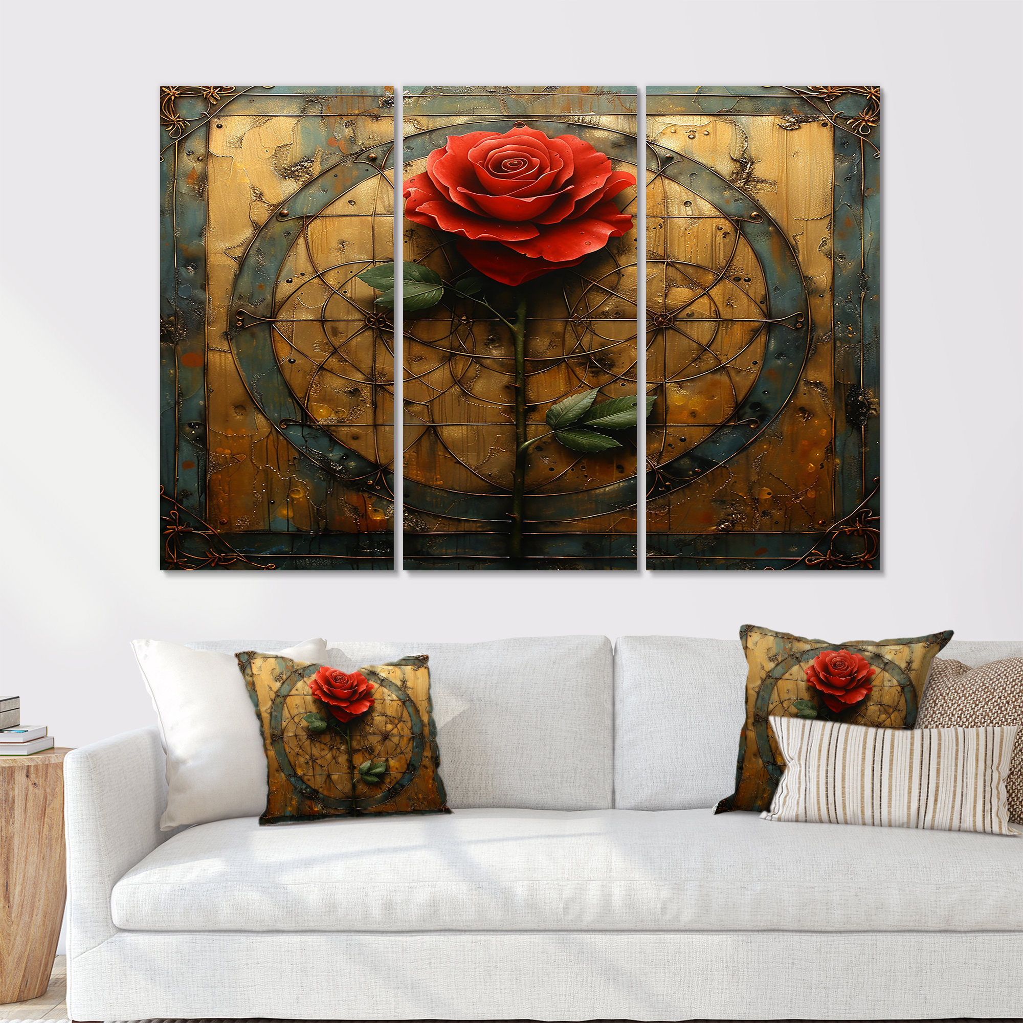 Design Art Red Rose Geometric Vintage Gold II - Rose Wall Art Decor Set ...