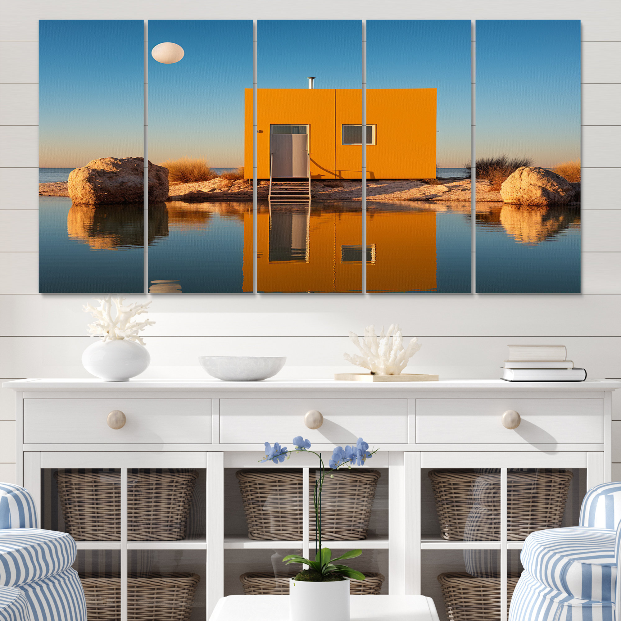 Beachcrest Home™ Coastal Minimalism Yellow Building By The Shore I ...