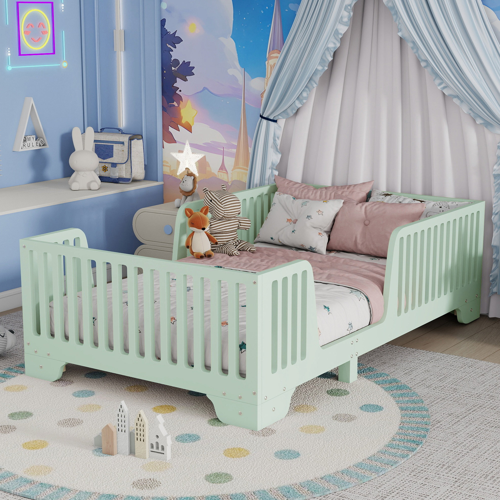 East Urban Home Floor Bed With Slats And Fence, Montessori Floor Beds ...