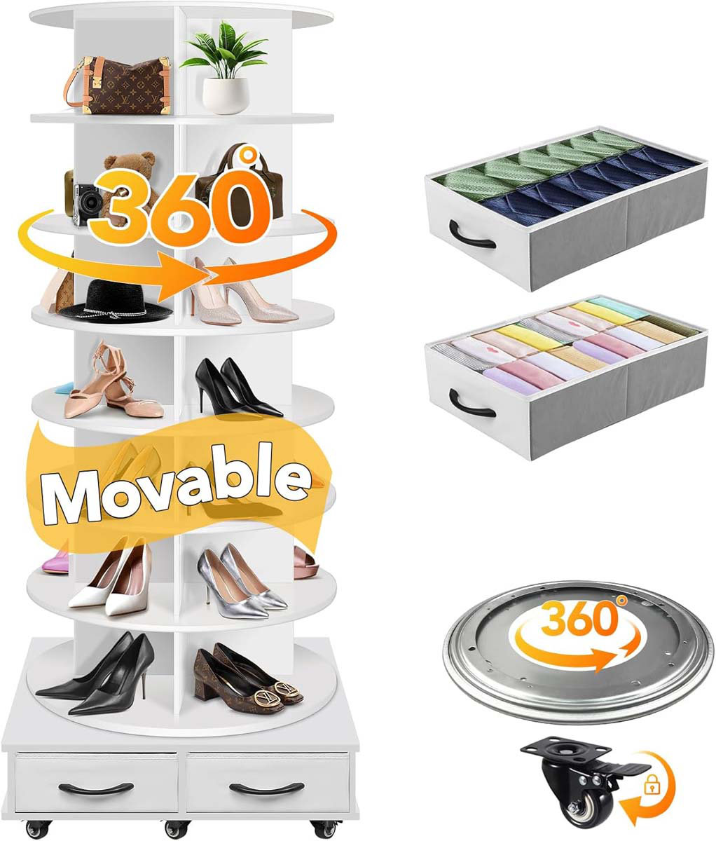Rebrilliant 8 Tier Rotating Shoe Rack Tower Contains 2 Drawers ...
