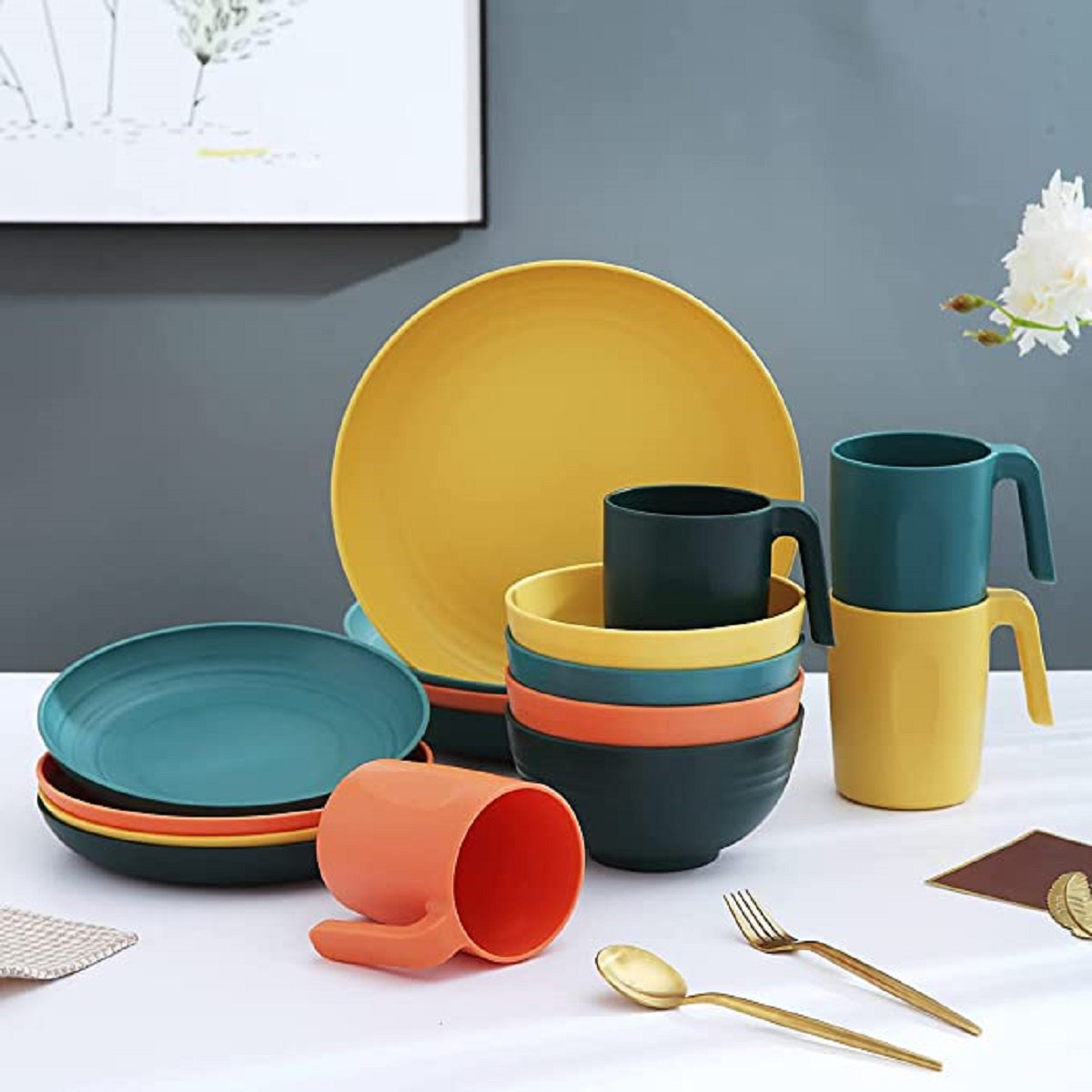 Ebern Designs Plastic Dinnerware Set Of 16, Reusable And Sturdy ...