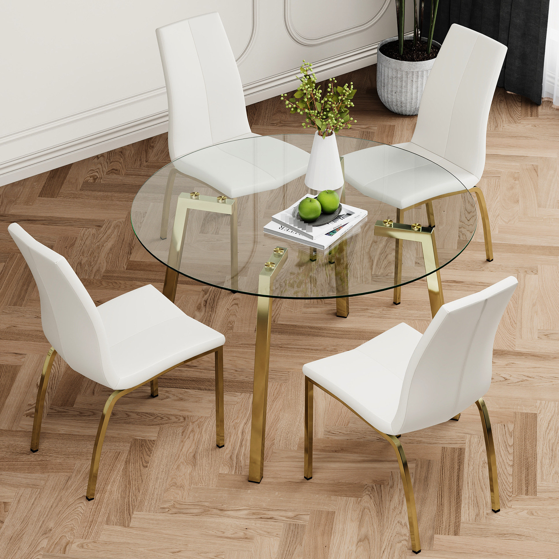 Ivy Bronx Elegant Transparent Circle Glass Table With A Of 4 White Pu ...