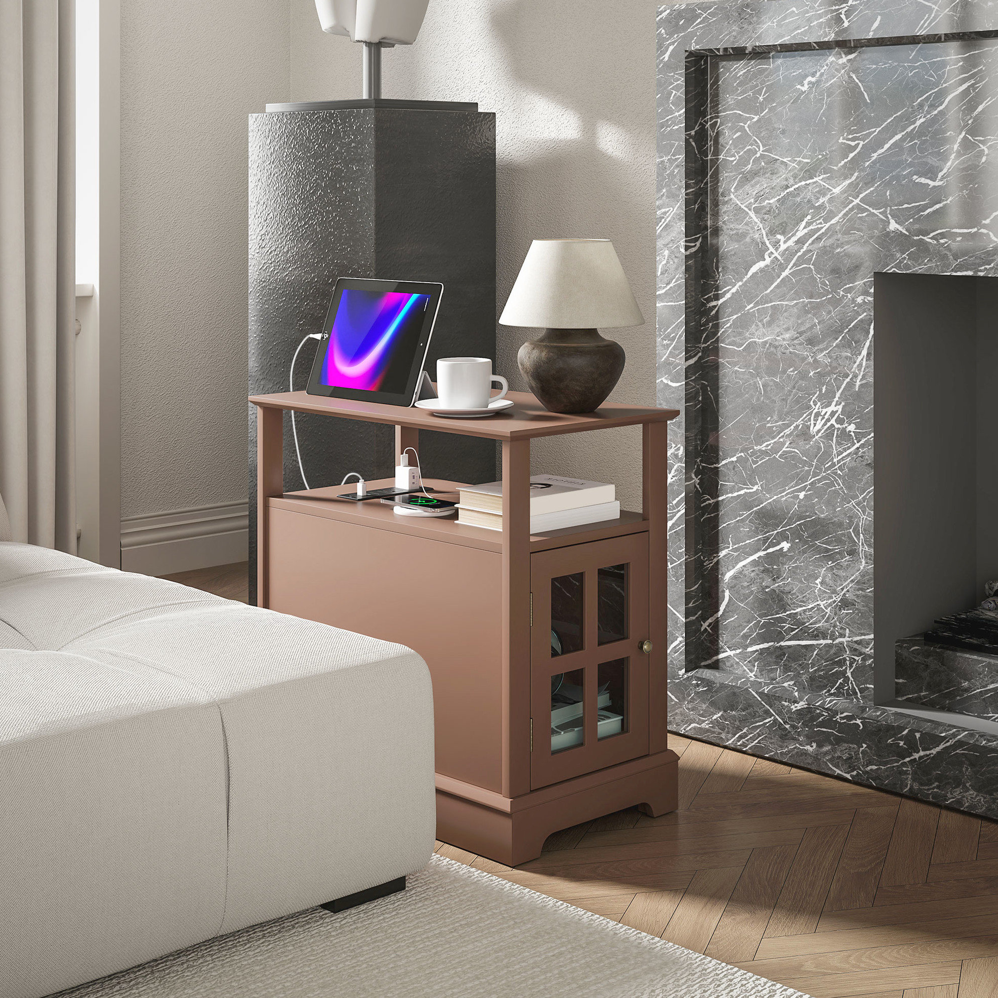 Latitude Run® Living Room Charging End Table, Brown Narrow Side Table ...