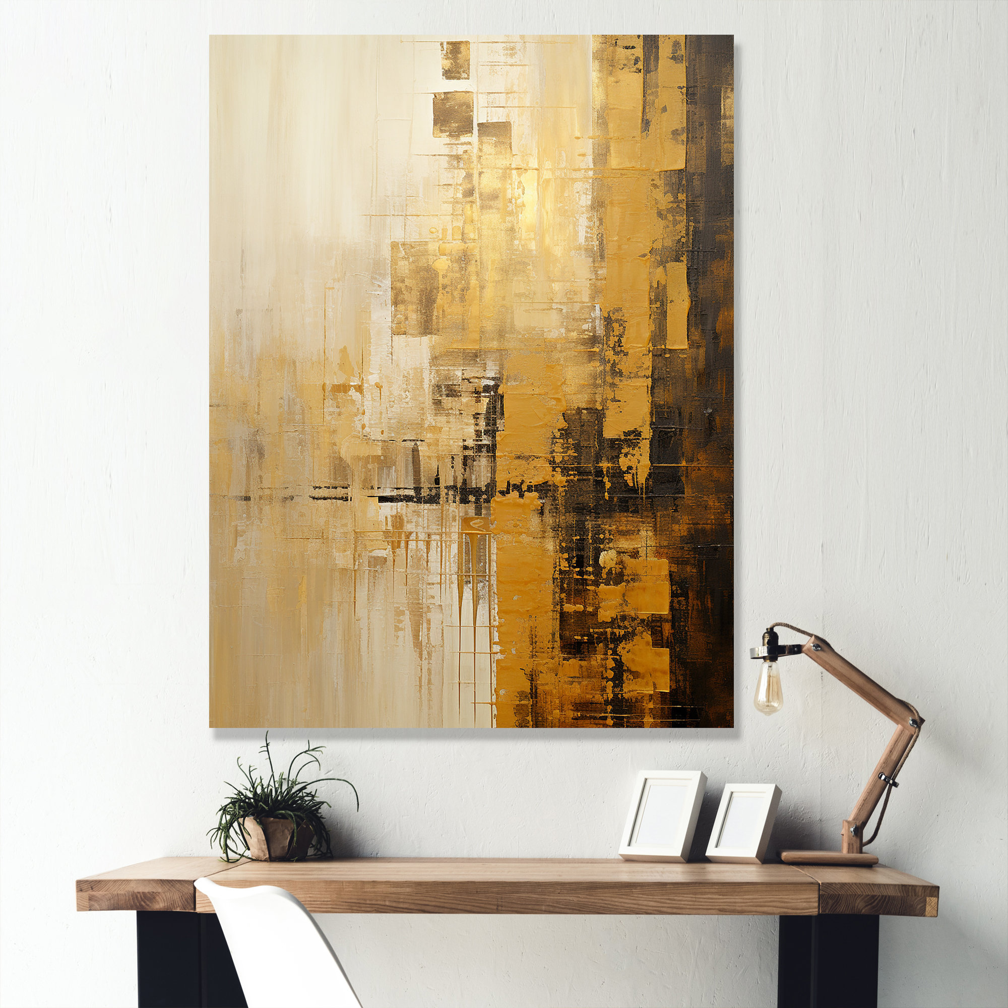 Design Art Modern Cityscape Skycraper Golden Blocks I On Canvas Print ...