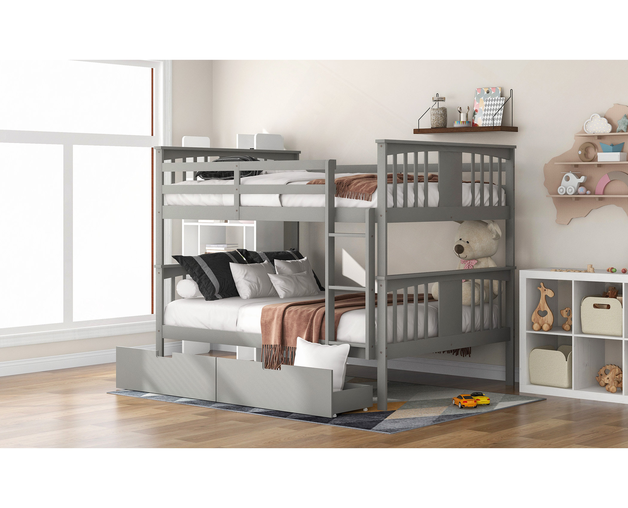Harriet Bee Full Over Full Bunk Bed With Drawers And Ladder For Bedroom ...