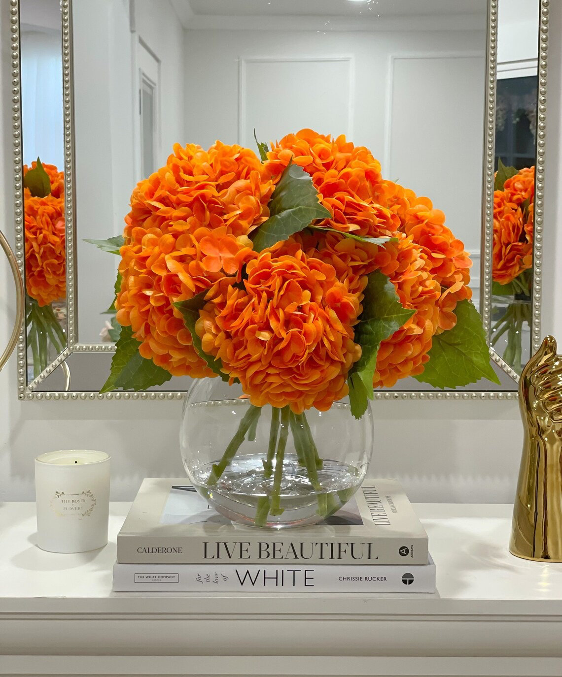 Flovery Large Fall Orange Hydrangeas In Glass Vase - Faux Floral ...