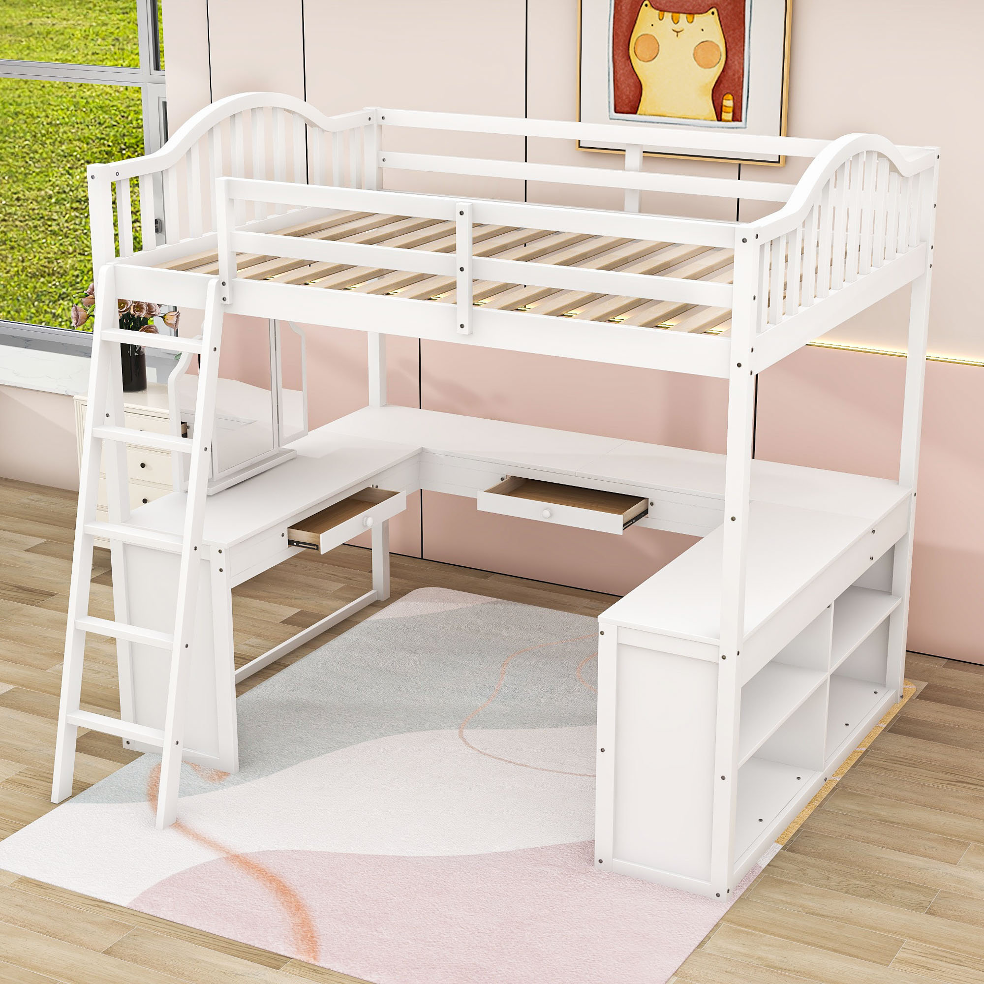 Harriet Bee Kayn Full Wooden Loft Bed With Desk, Tri-Fold Mirror And ...