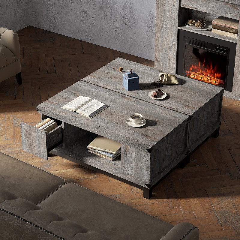 Gracie Oaks Farmhouse Coffee Table With Storage Drawers, Wood Coffee ...