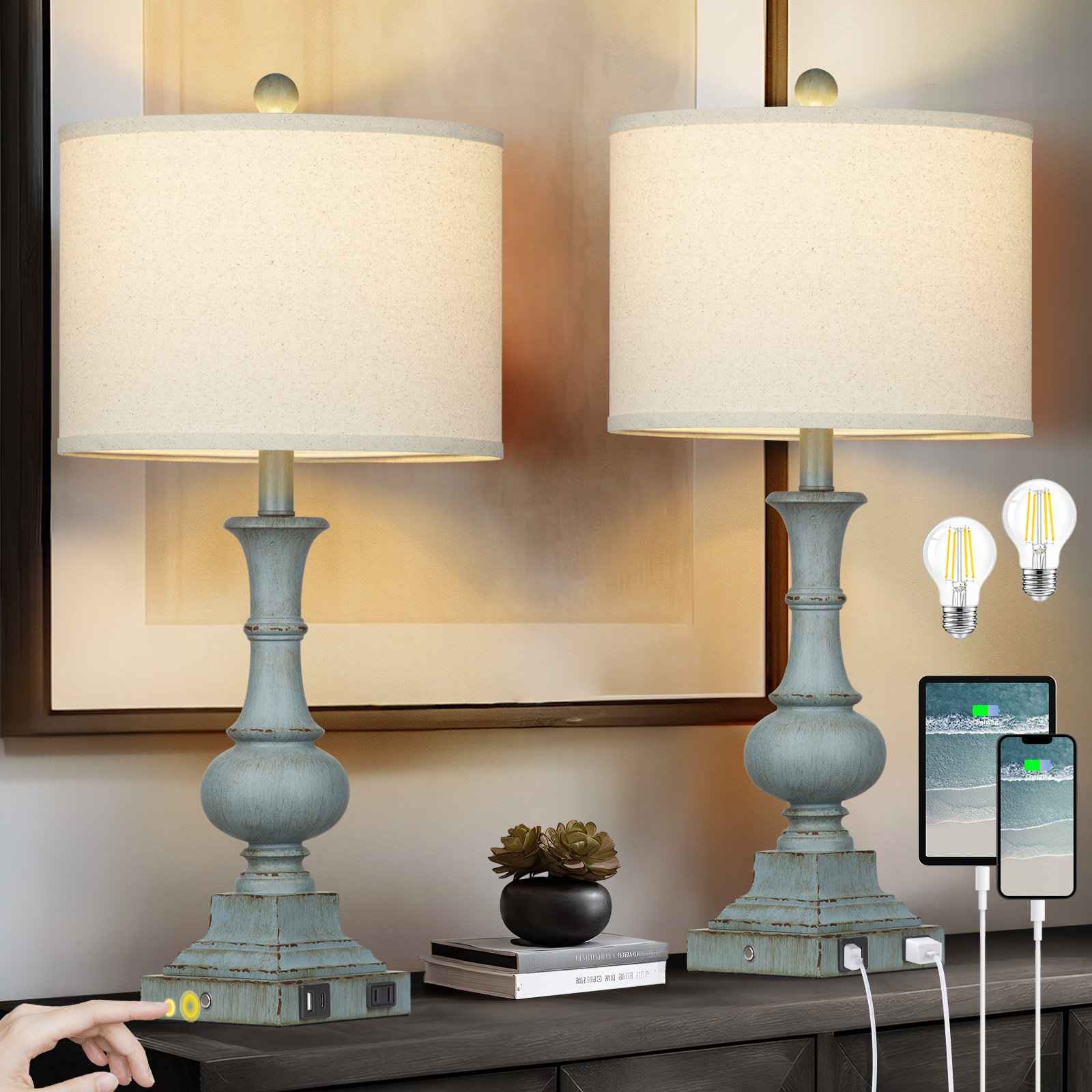 Ophelia & Co. Levis 26" Farmhouse Table Lamps with USB, Type-C & Touch ...