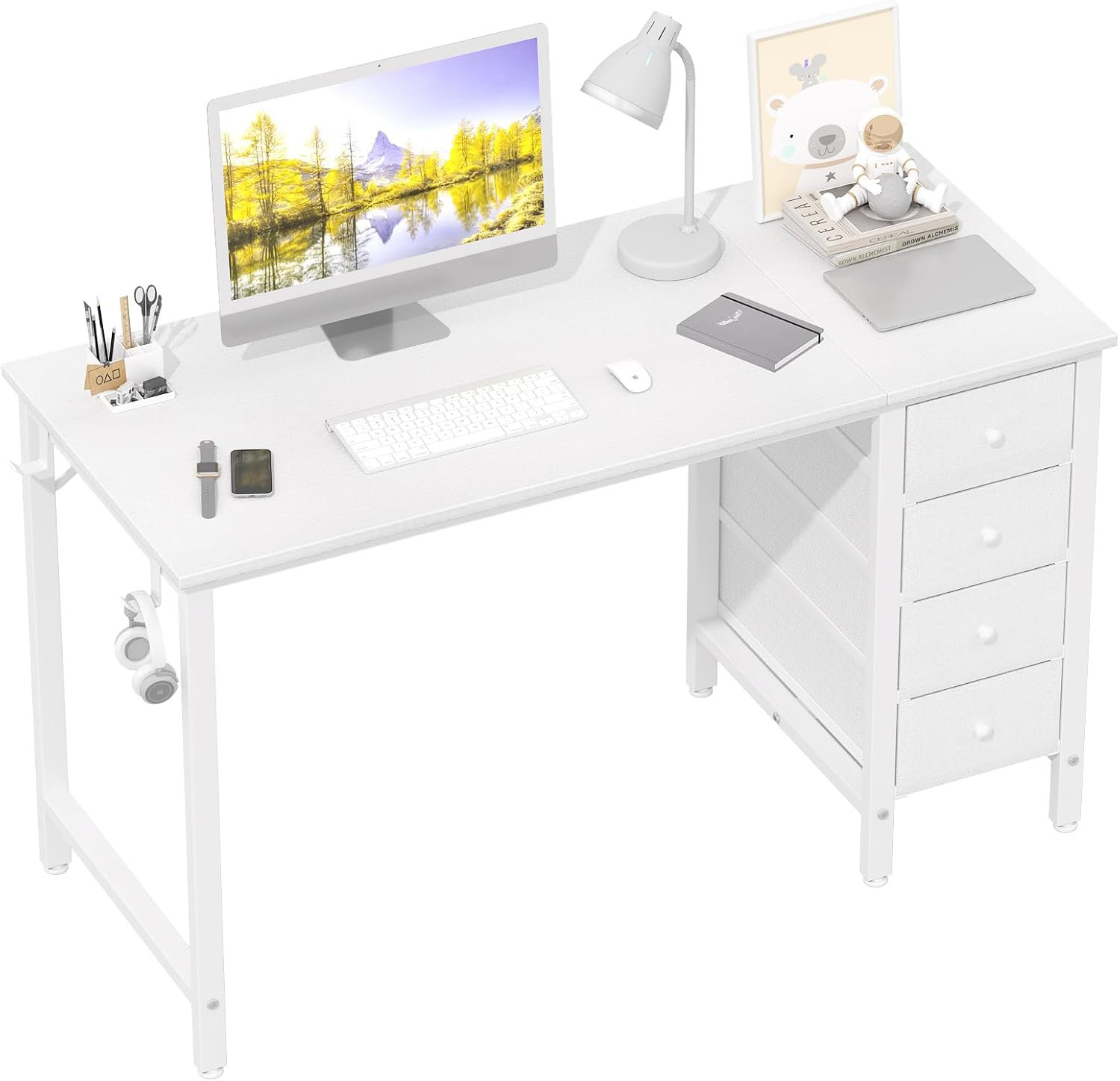 Inbox Zero 47 Inch Computer Desk With 4 Fabric Drawers, Writing Work ...