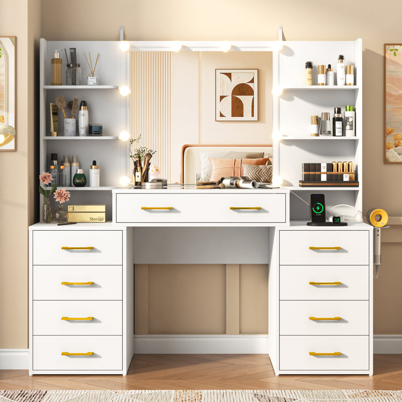 Mercer41 Tempered Glass Top Makeup Vanity Desk With LED Lights And ...