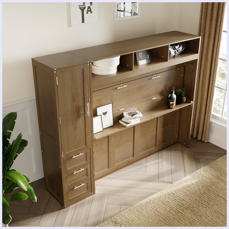 Red Barrel Studio® Modern Murphy Bed with Wardrobe, Drawers and Open ...