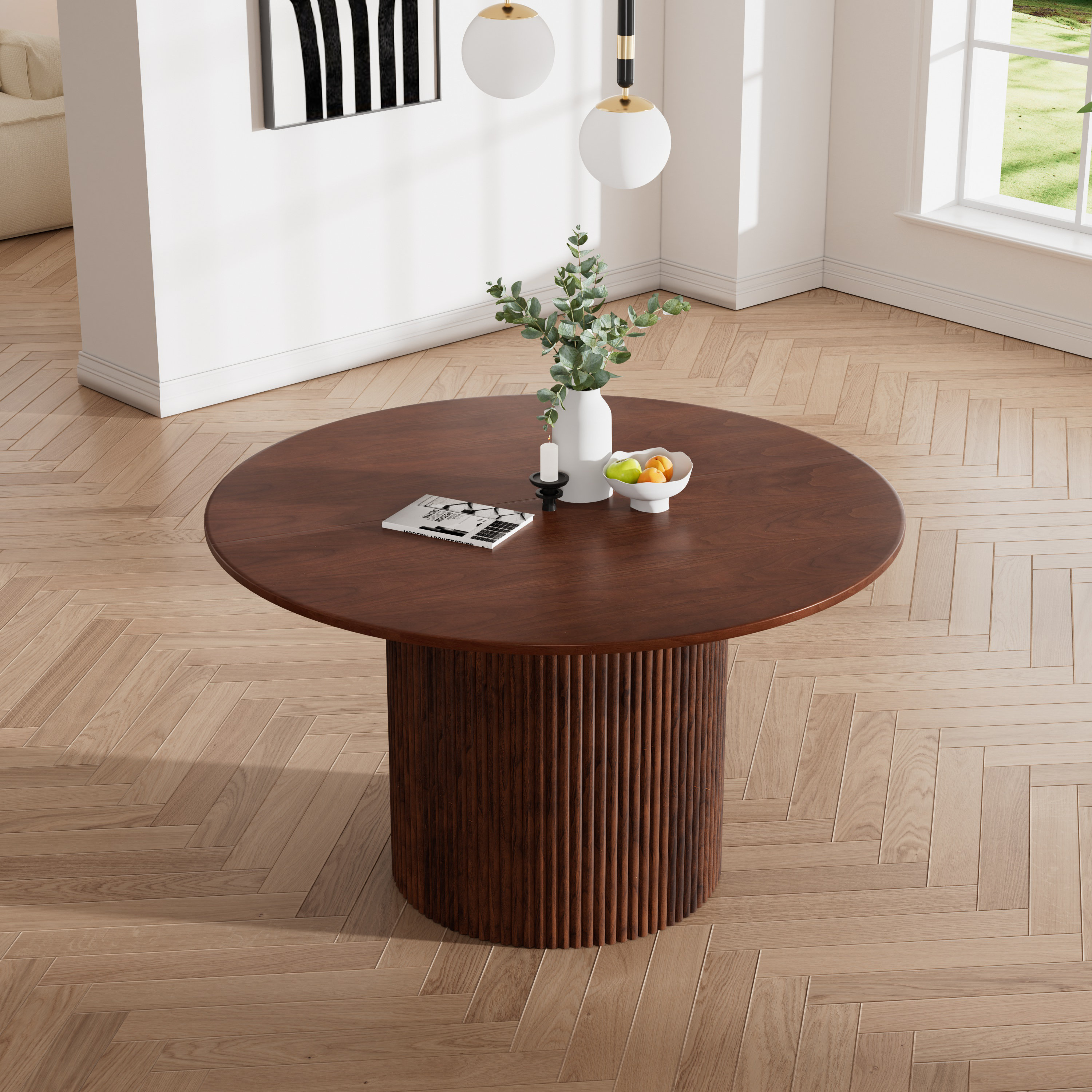 Ivy Bronx 47 Inch Round Pedestal Dining Tables with Wood Strip Base ...