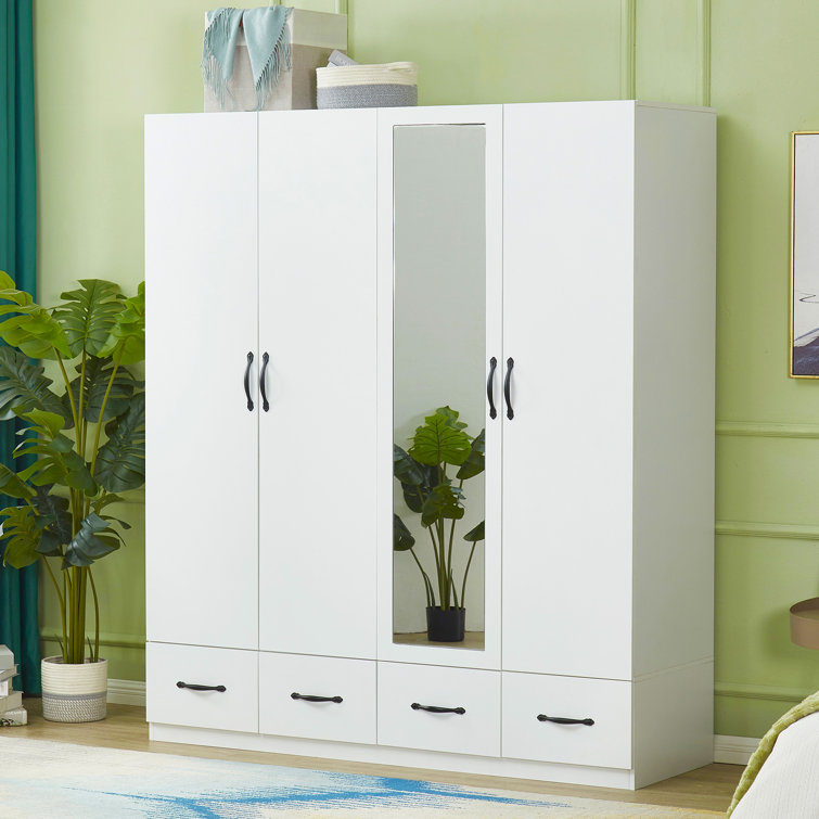 Manufactured Wood Armoire with Mirror, White, 74“ H x 63" W x 20" D ...