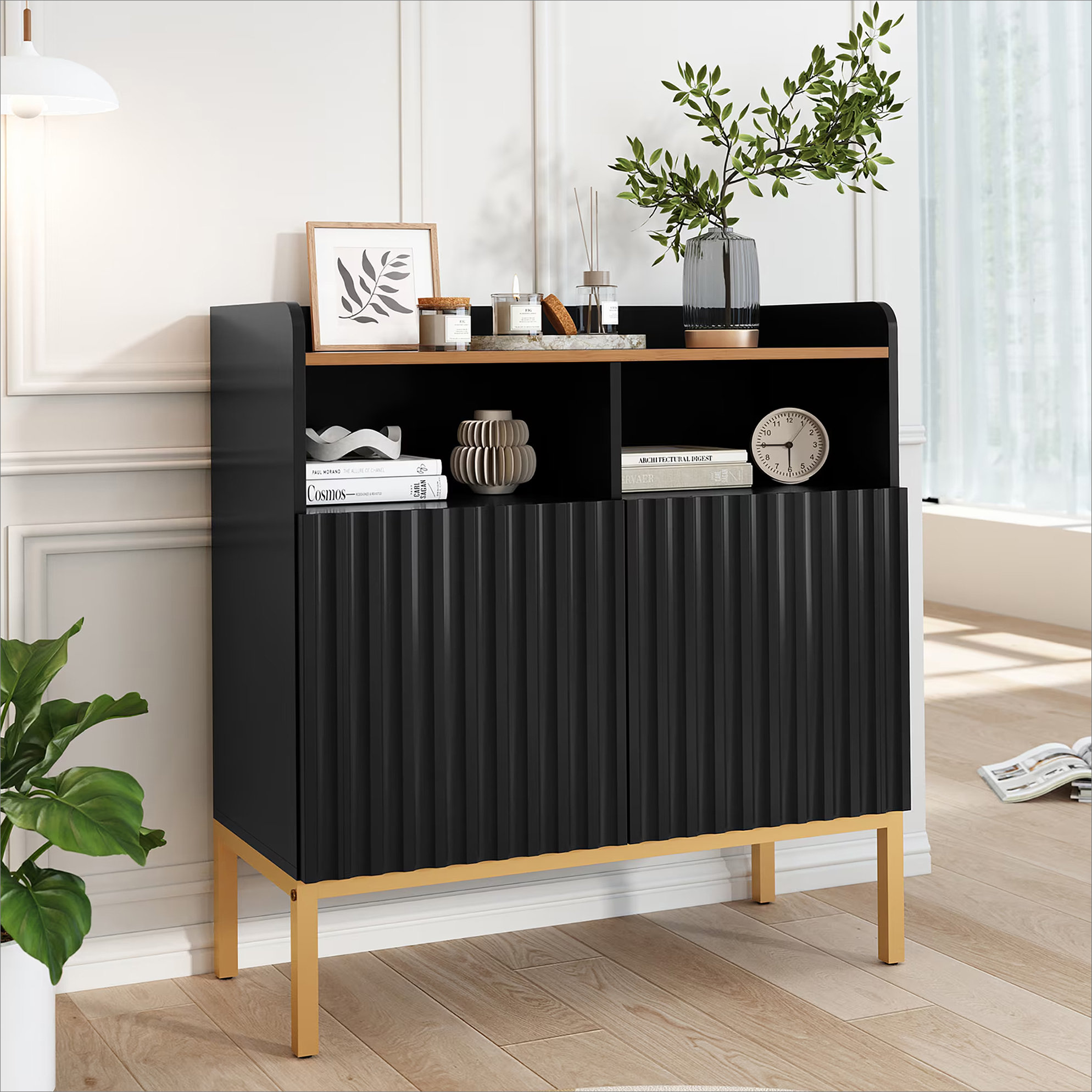 Ebern Designs Fluted Sideboard Cabinet with Storage, Rustic Industrial Buffet Cabinet with ...