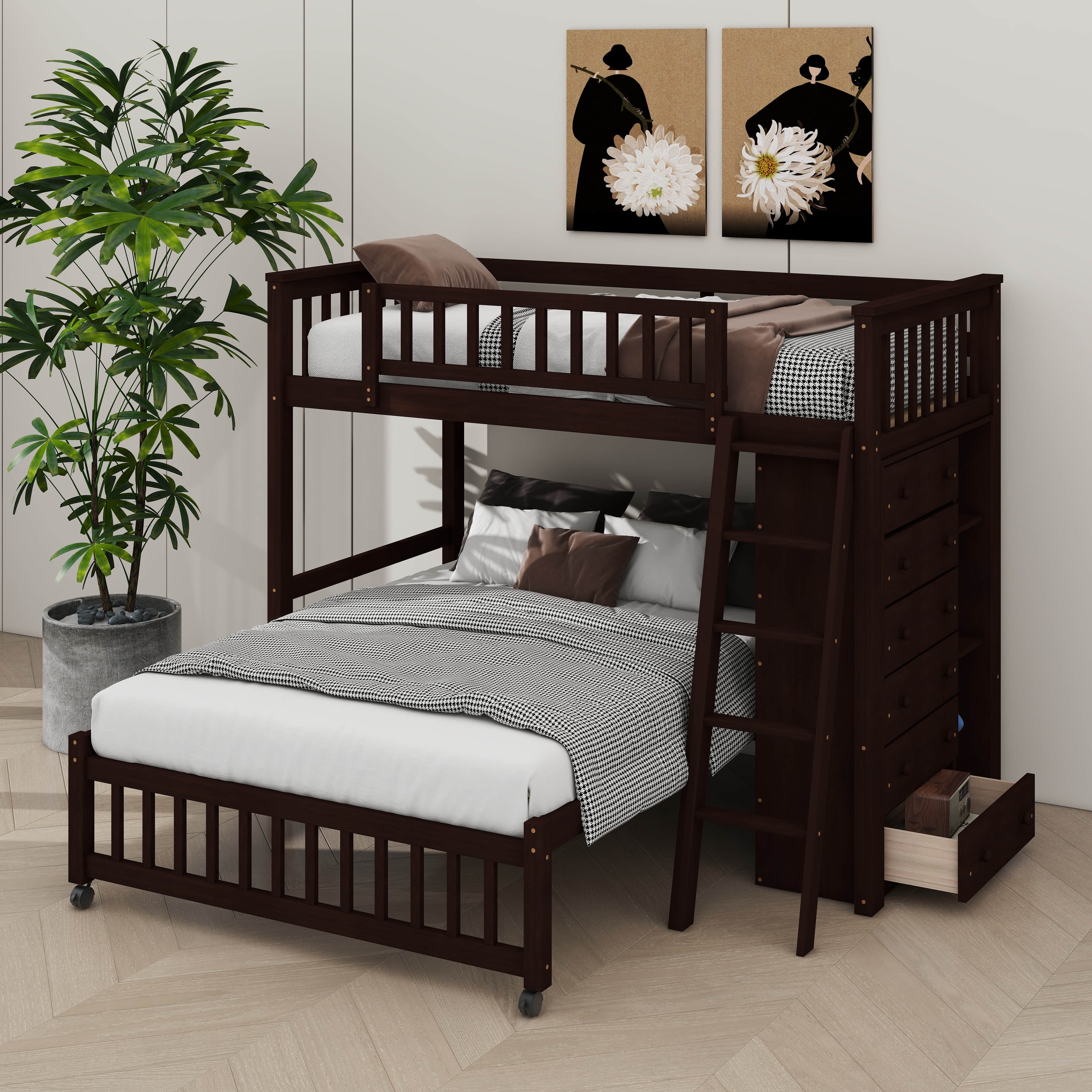 Harriet Bee Twin Over Full Wood Bunk Beds, Bunk Beds With Six Drawers ...