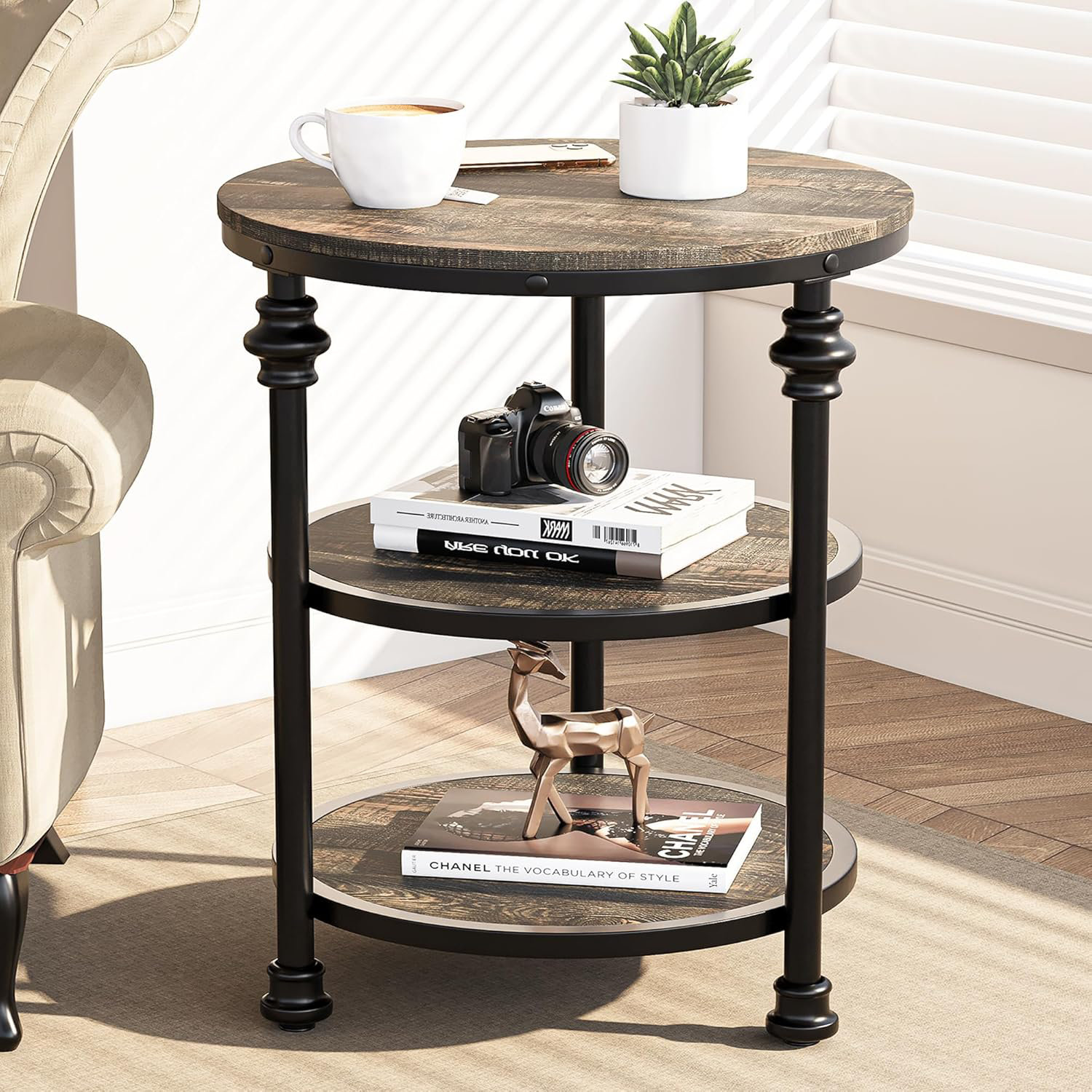 Williston Forge Round End Table, Small Side Table with 3 Shelves | Wayfair