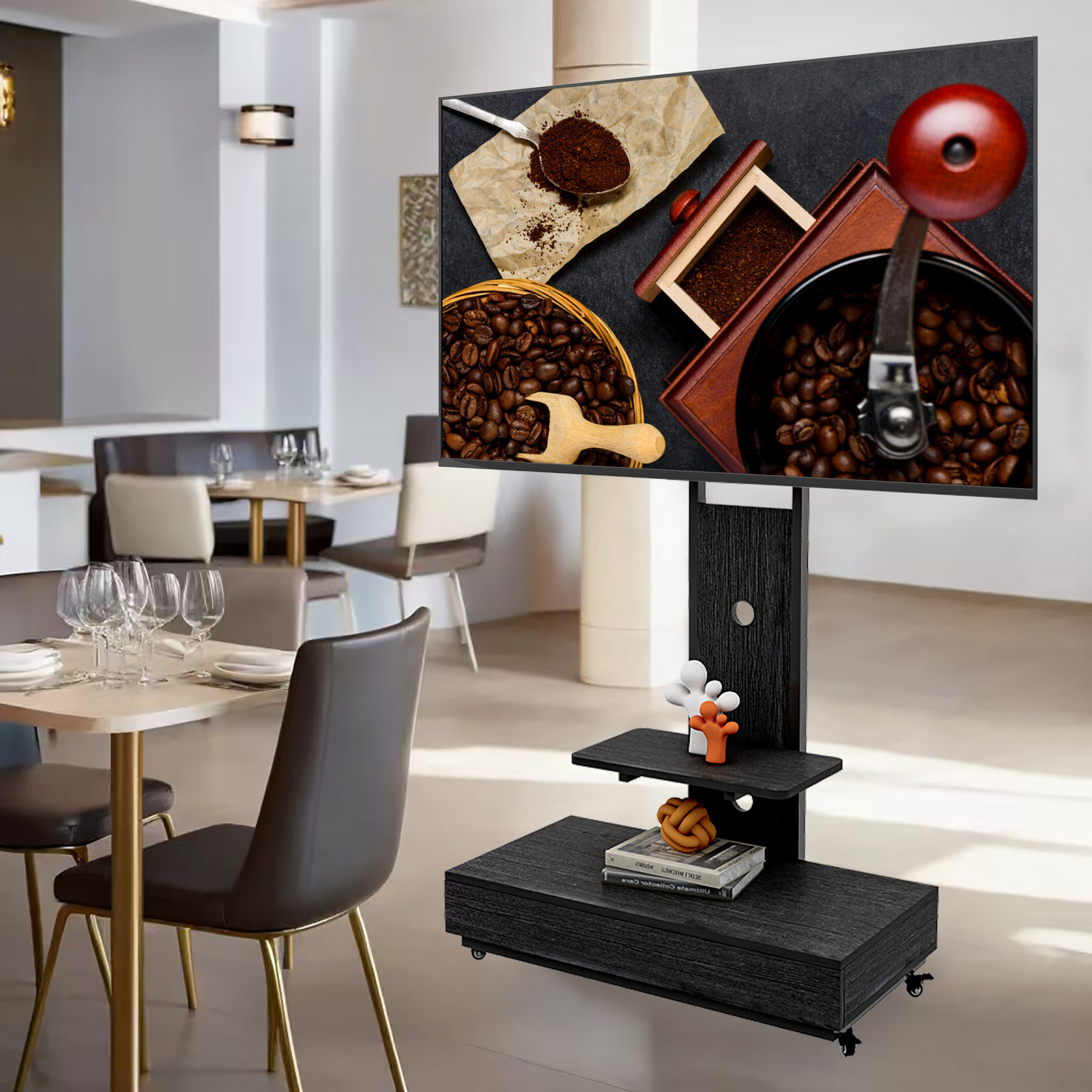 Ebern Designs Rolling TV Stand with Push-Pull Drawer & Lockable Wheels ...