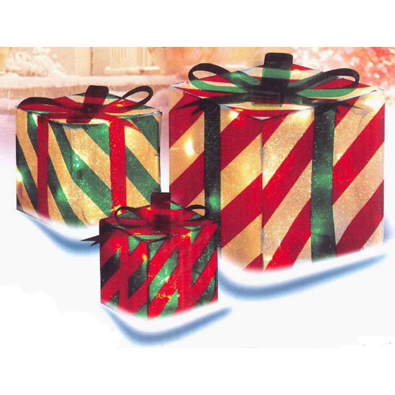 Northlight Seasonal Set of 3 Red and Green Striped Gift Boxes Outdoor ...