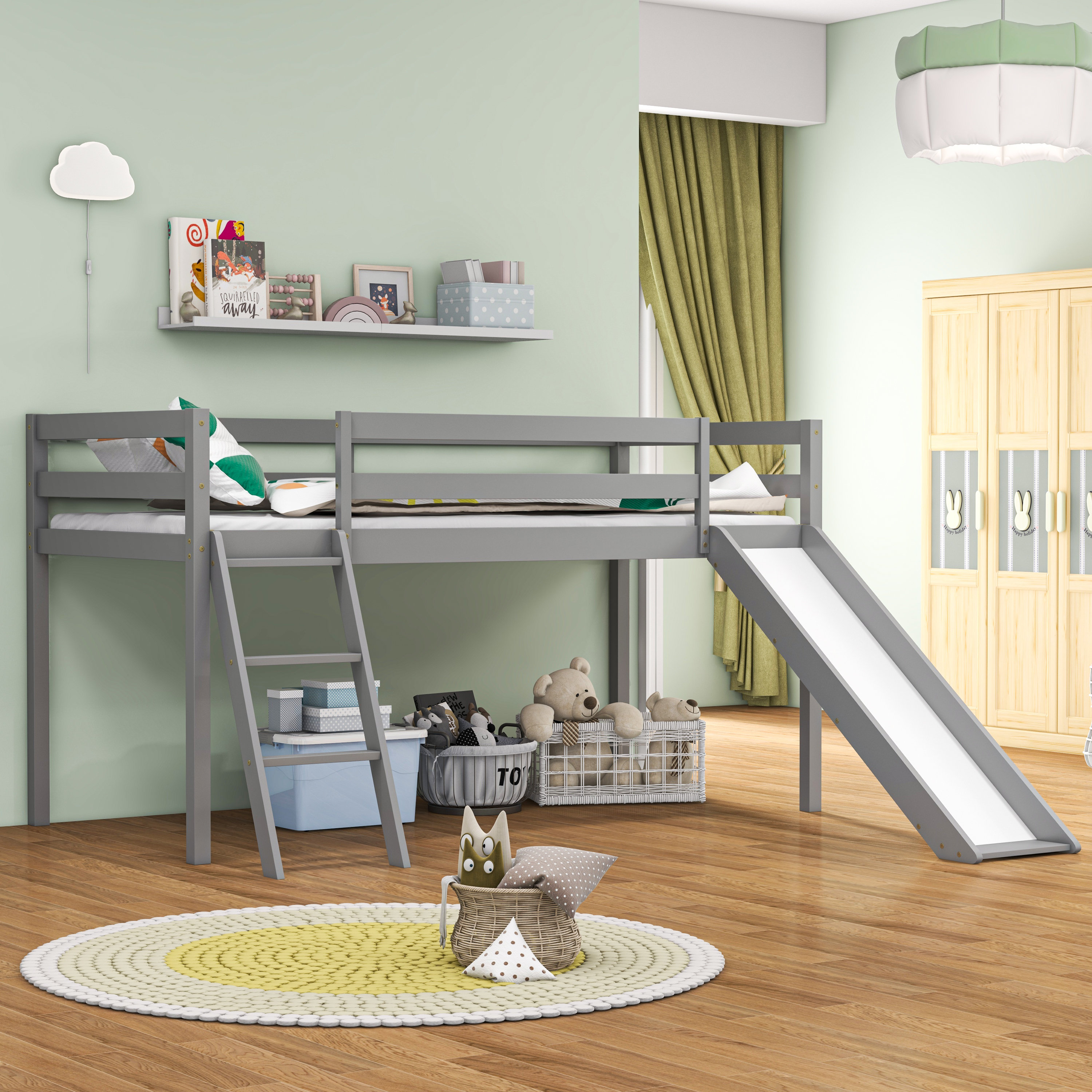 Harriet Bee Twin Low Loft Bed With Slide And Ladder For Kids/toddlers ...