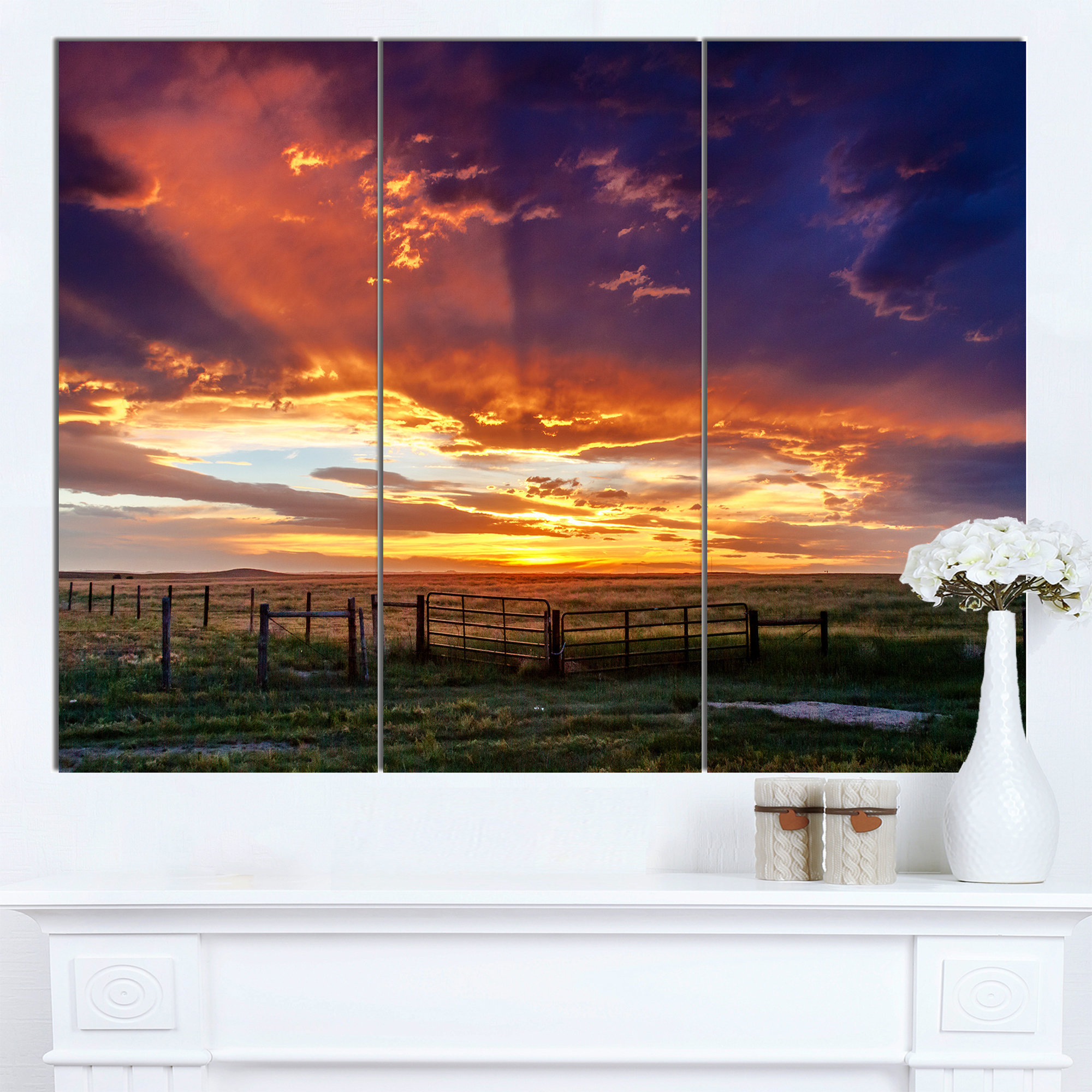 Design Art 'Dramatic Sunset over Prairie' 3 Piece Photographic Print on ...