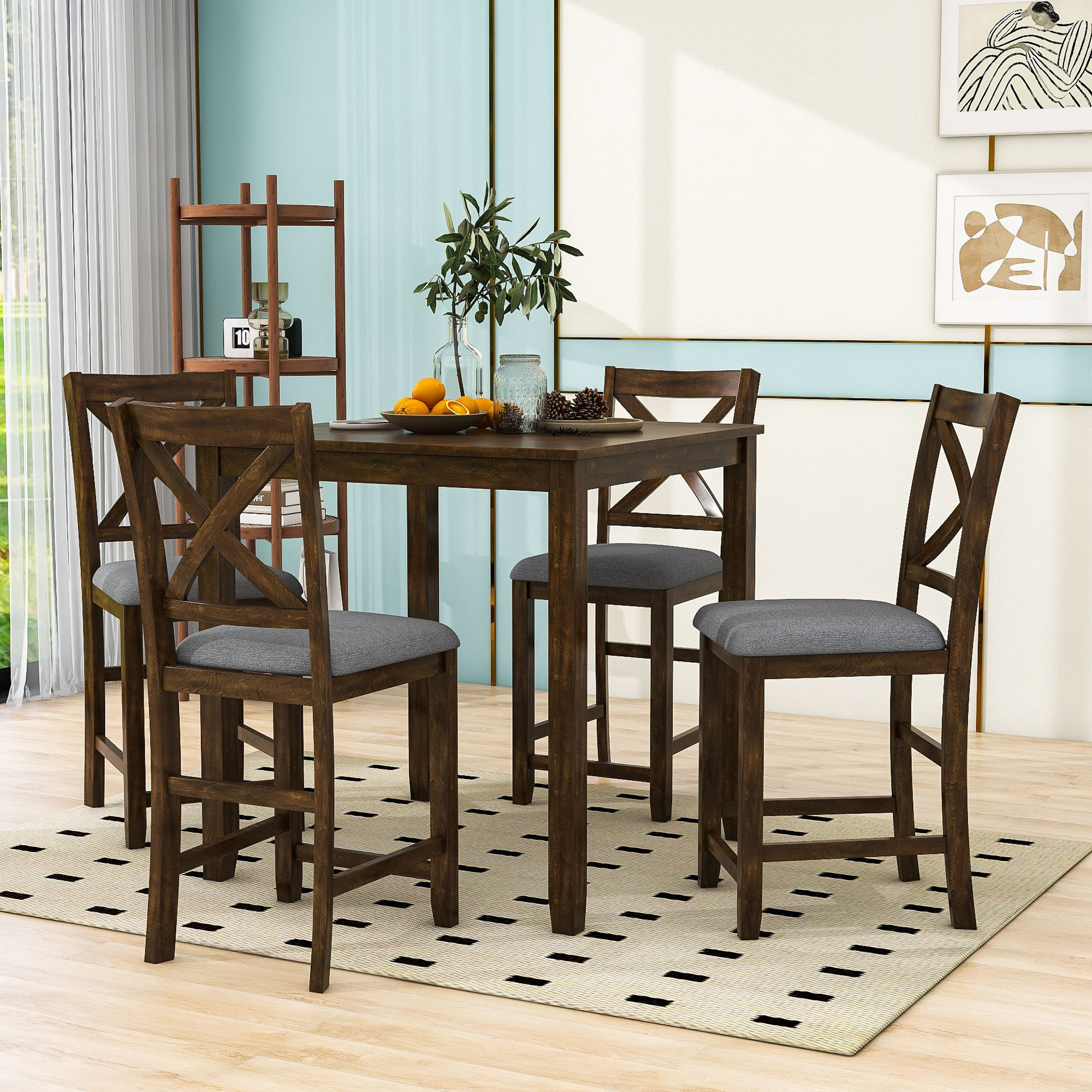 Gracie Oaks Jerimie 5 - Piece Dining Set, Square Counter Height Wood Table and 4 Upholstered ...