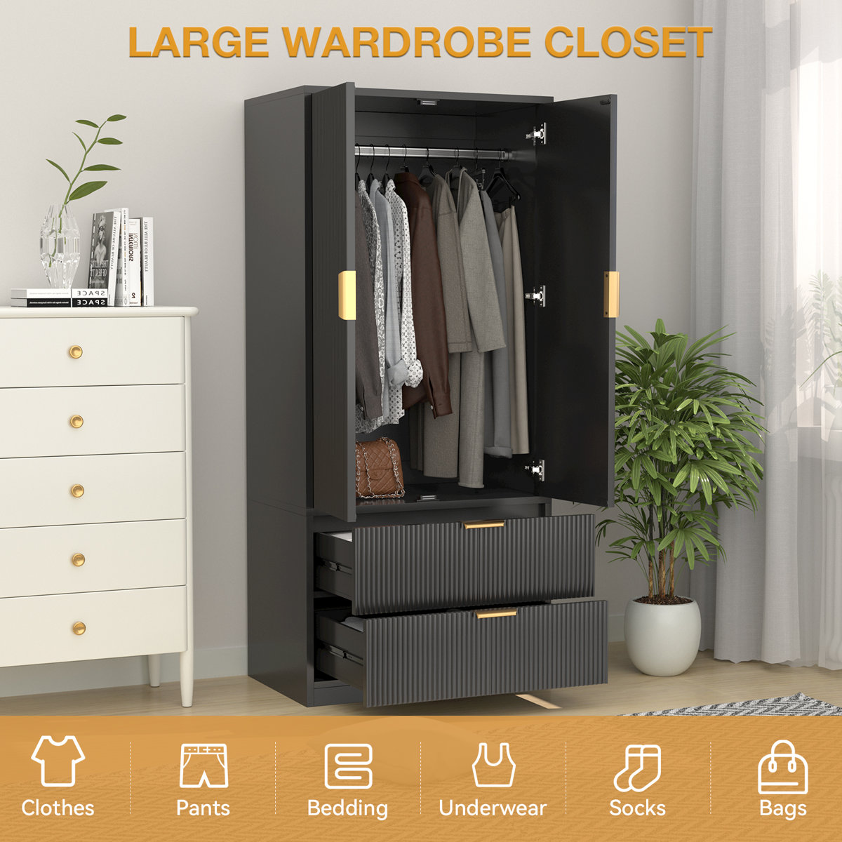 PPorfamilia Wardrobe Closet with 3 Doors and 2Drawers 70"Clothing ...
