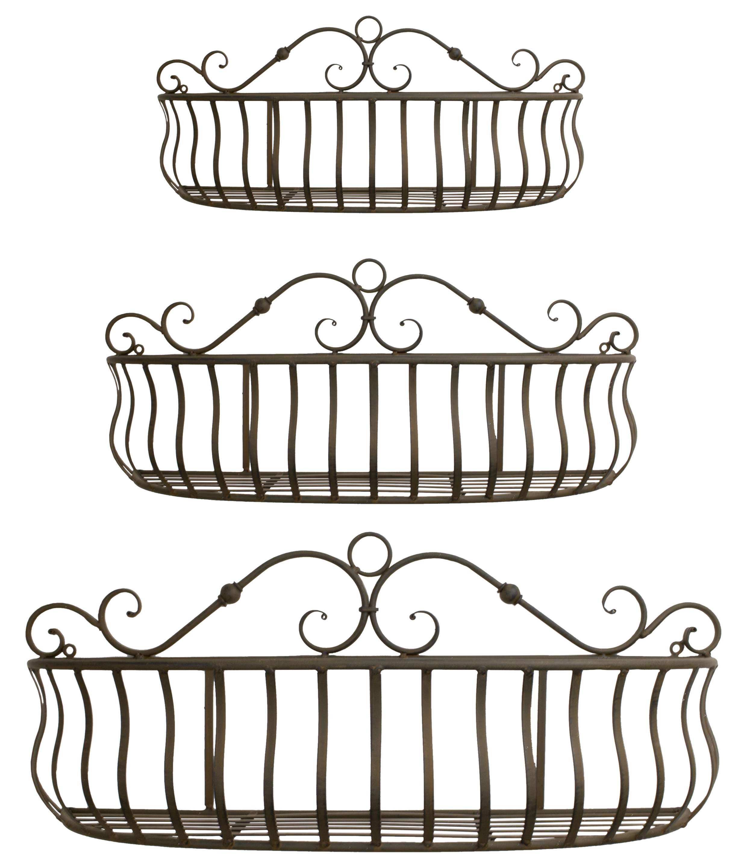Gracie Oaks 3 Piece Scrolled Metal Wall Hanging Basket Wall Décor Set ...