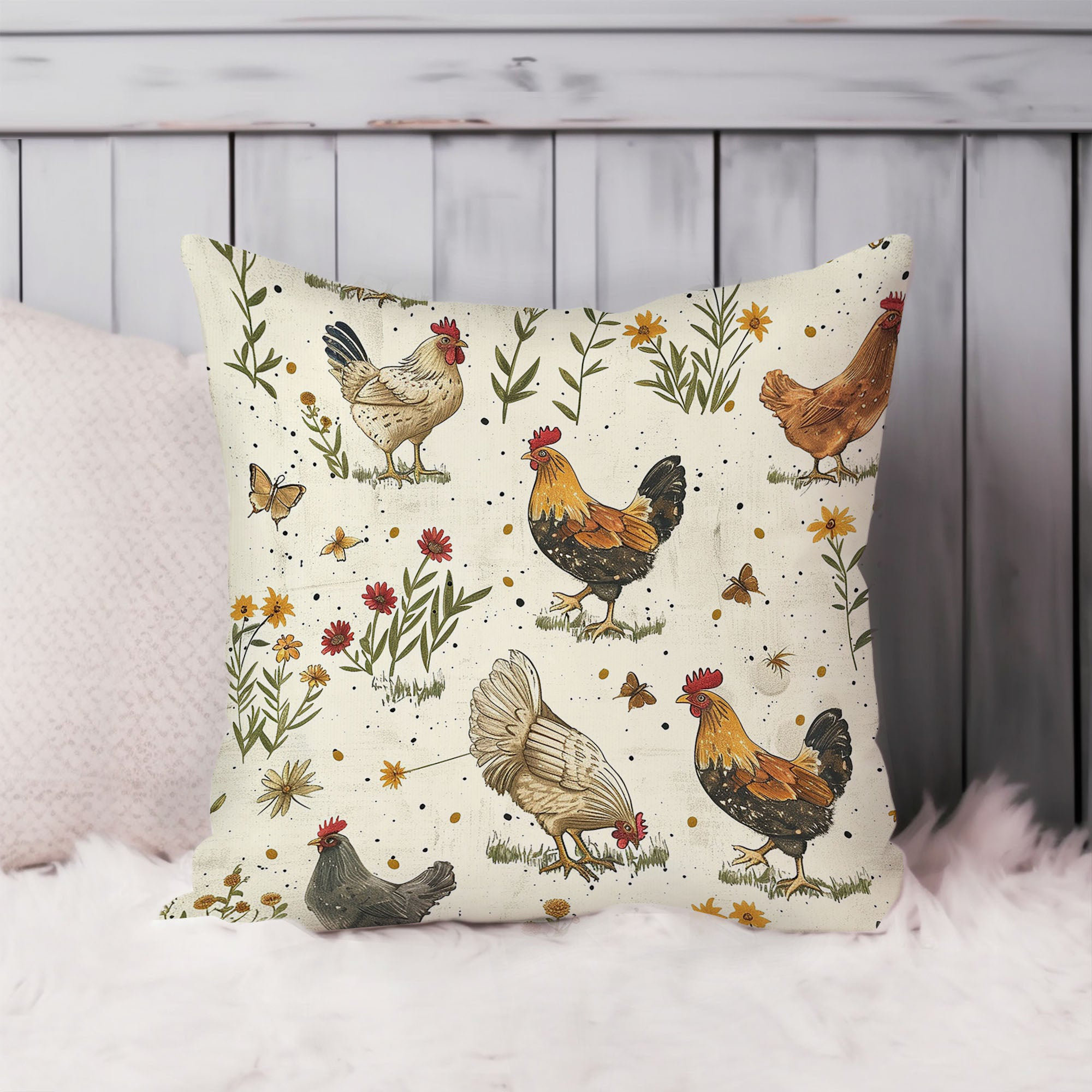 Ethan Taylor Animals Rustic Farmhouse Chickens Pattern V Farm Animals Chicken Pillow Cover | Wayfair