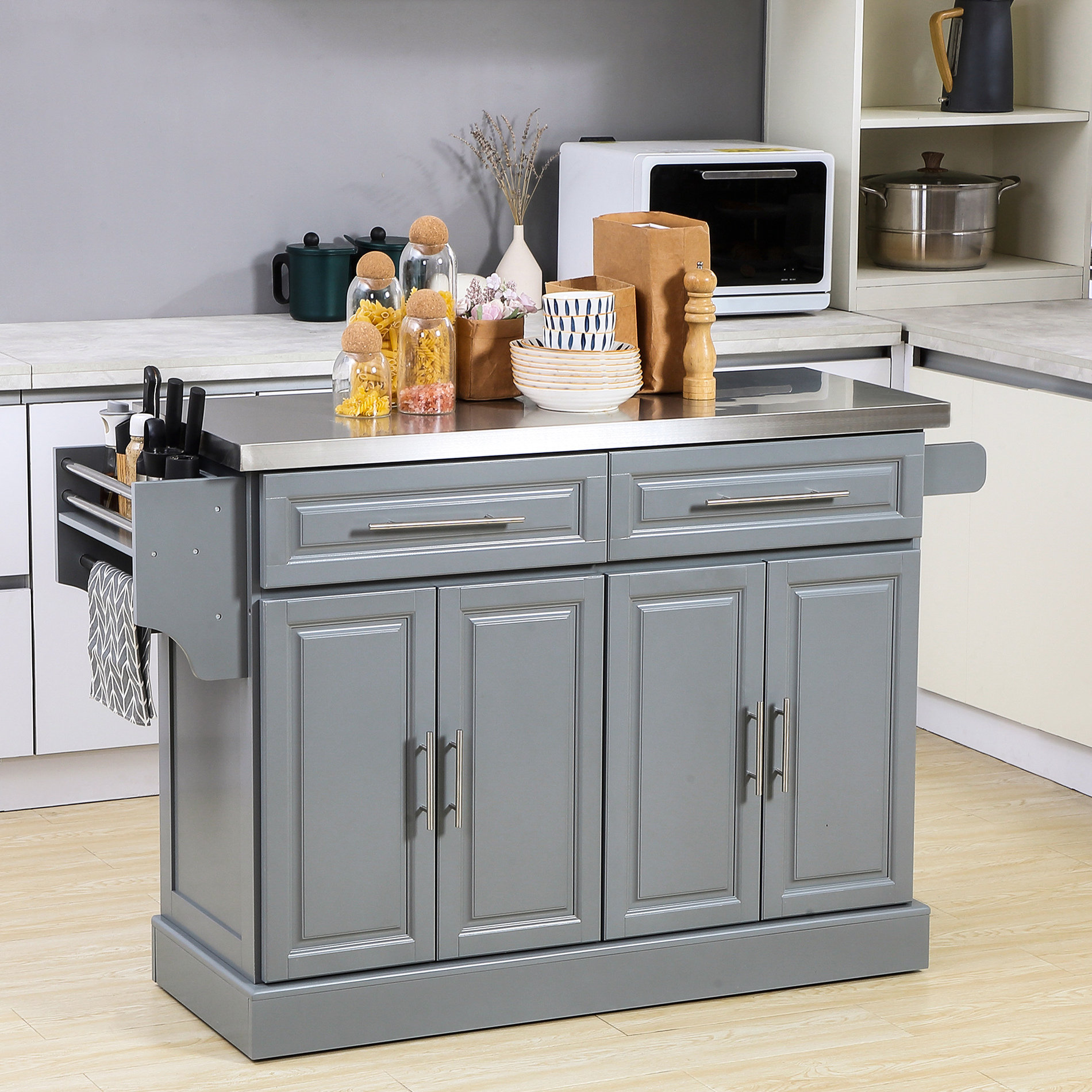 Latitude Run® Rolling Kitchen Counter Unit , Grey, Stainless Steel ...
