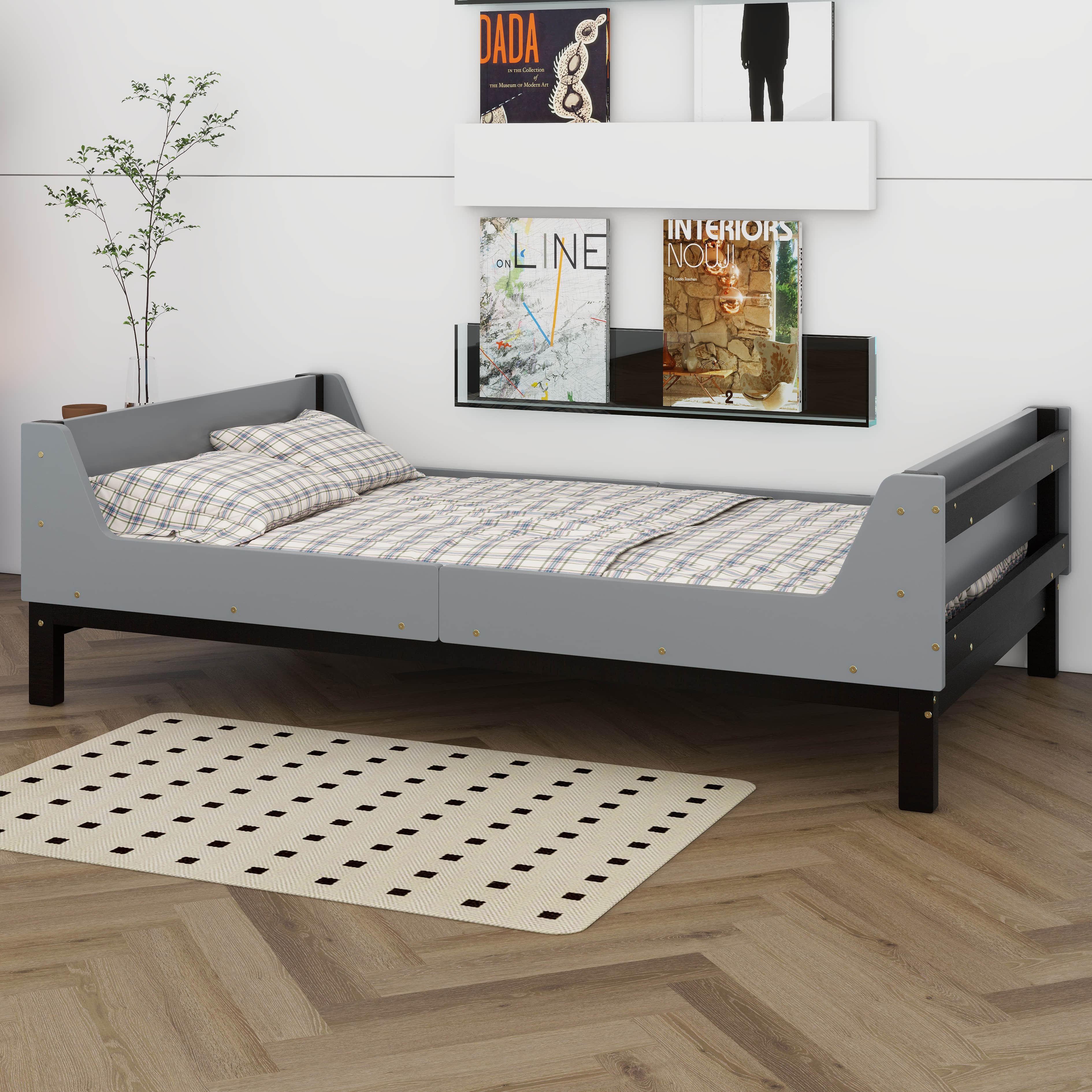 Latitude Run® Twin Size Bed Frame With Storage Bookcase, Twin Bed Frame ...