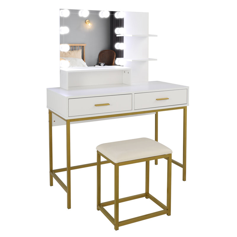 Everly Quinn Ronalie 39.37'' Wide Vanity Set with Stool and Mirror ...