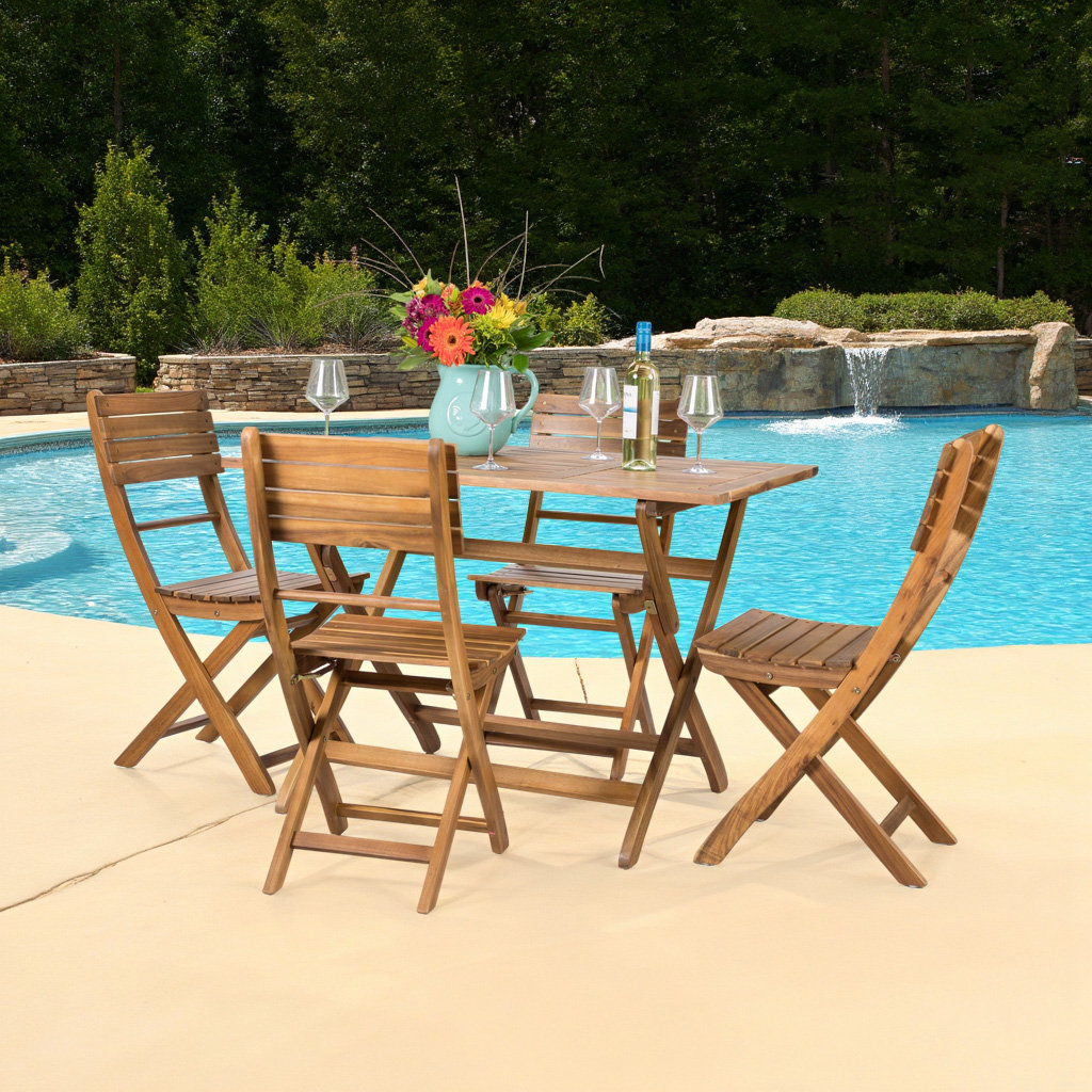 Gracie Oaks Solid Acacia Wood Folding Patio Set - 4 Chairs & Table ...