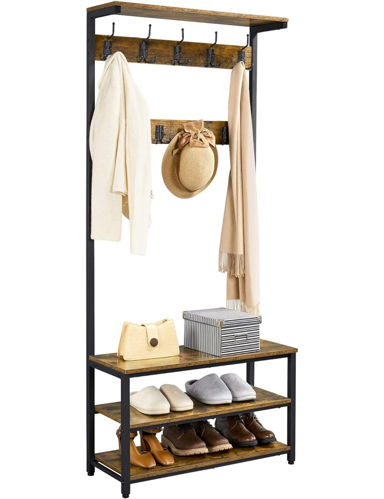 17 Stories Hall Tree Coat Rack Shoe Bench With 23 Hooks Industrial 3 In ...